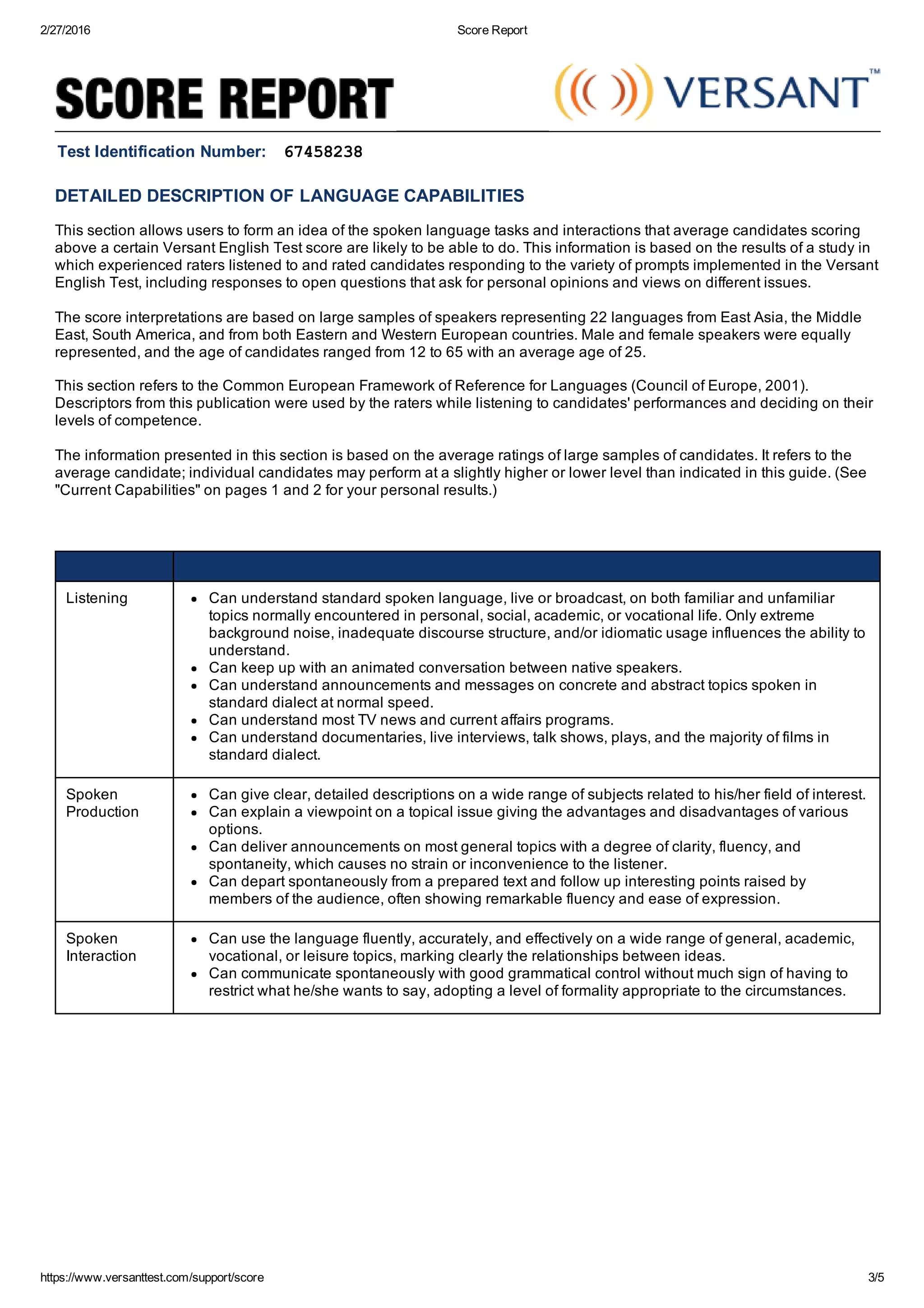 versantScore Report | PDF
