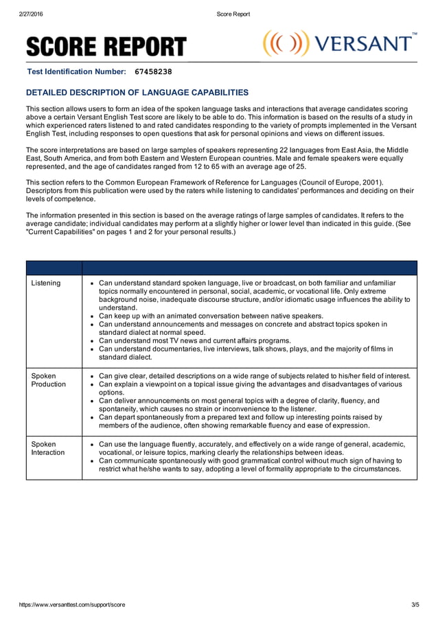versantScore Report | PDF | Standardized Testing | Educational Assessment
