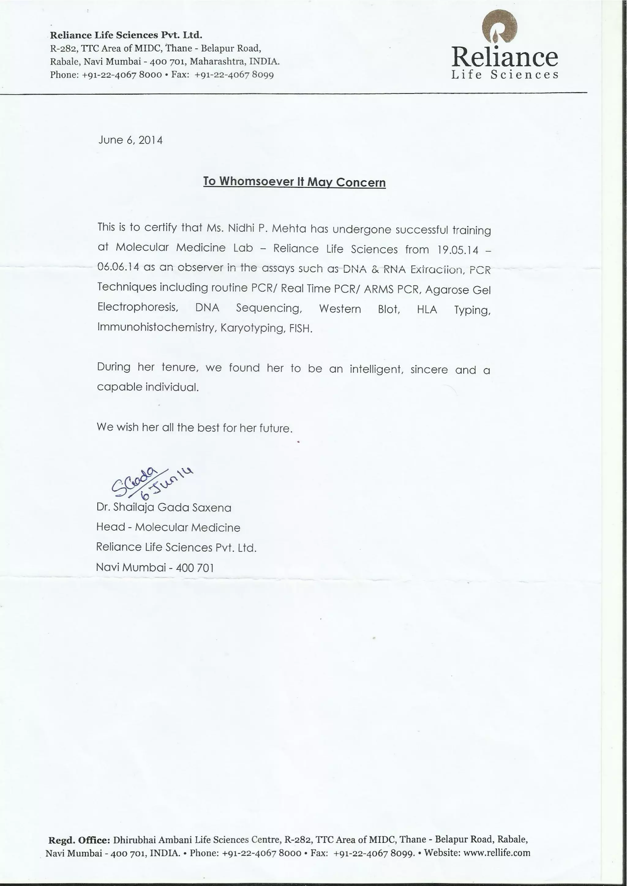 Reliance life sci LOR | PDF