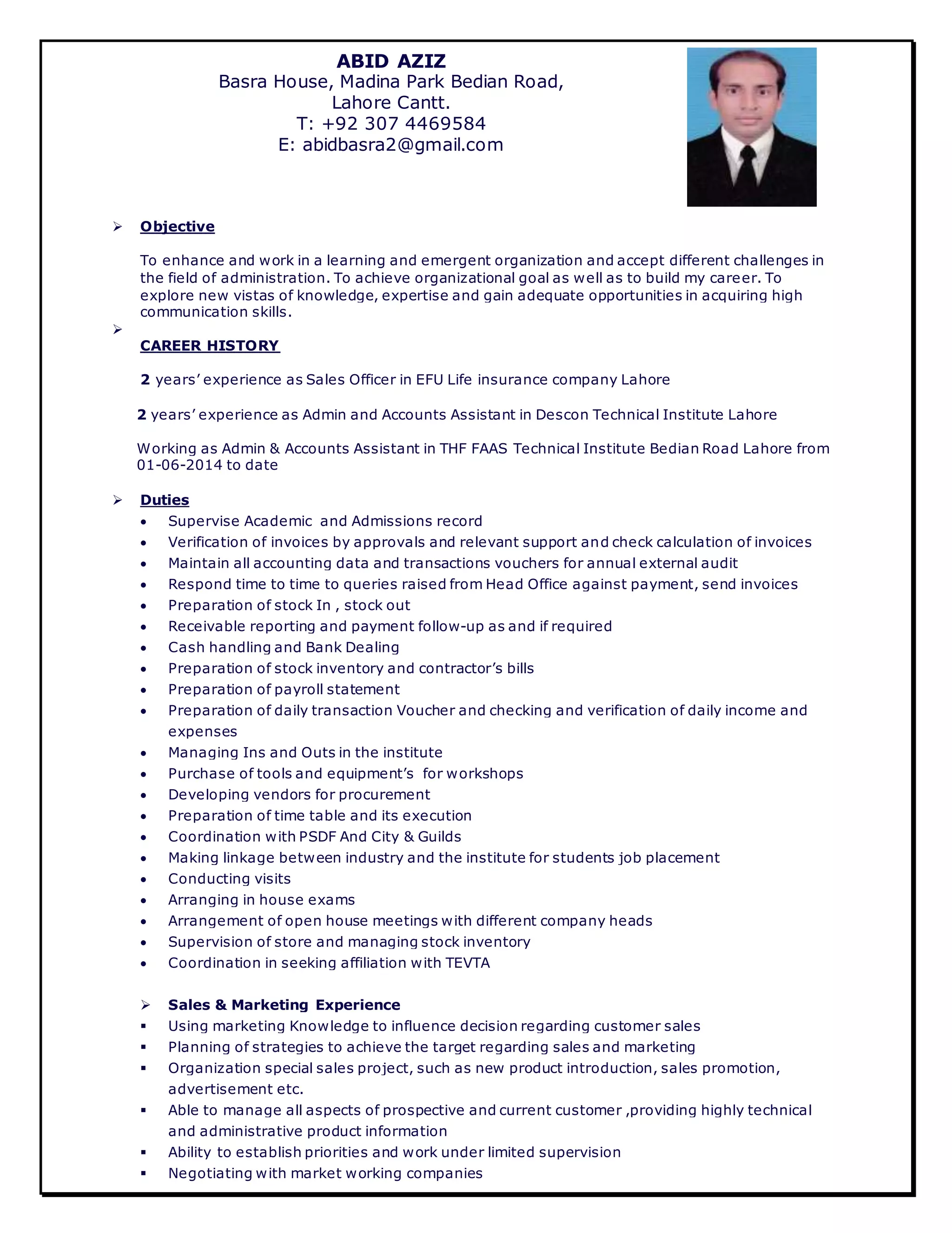 Abid Aziz CV (1) | DOCX | Sales | Business
