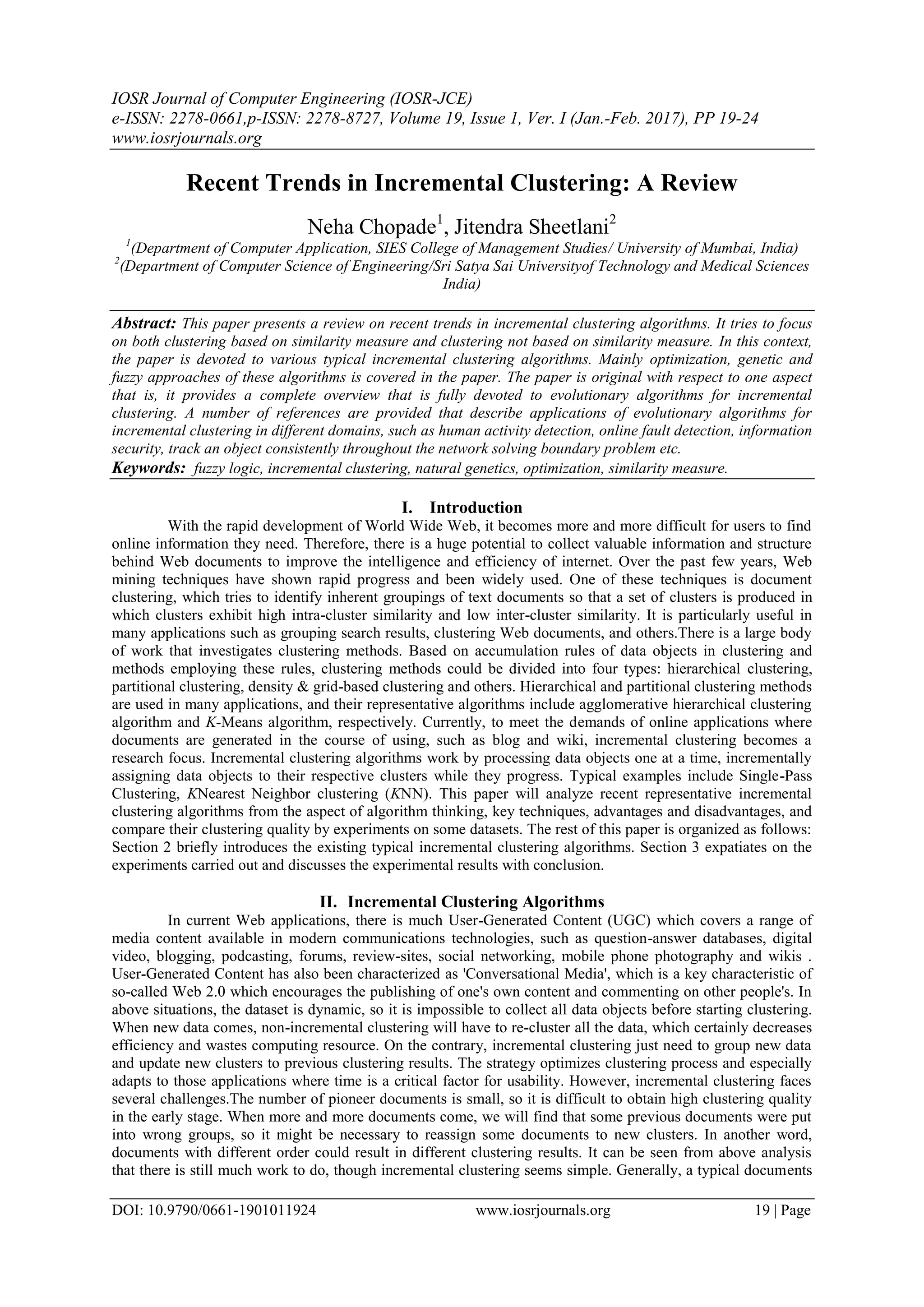 Recent Trends in Incremental Clustering: A Review | PDF