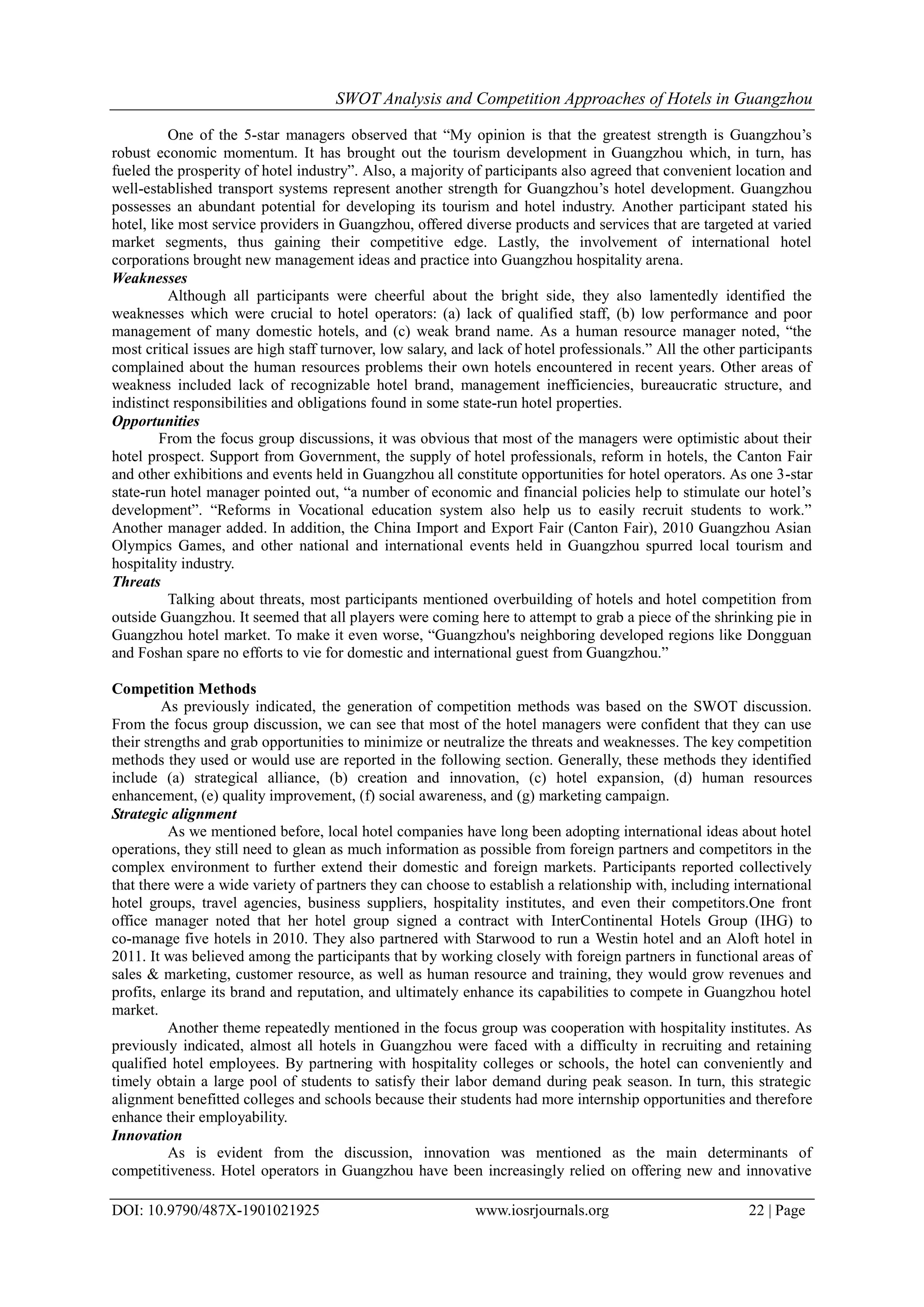 SWOT Analysis and Competition Approaches of Hotels in Guangzhou | PDF