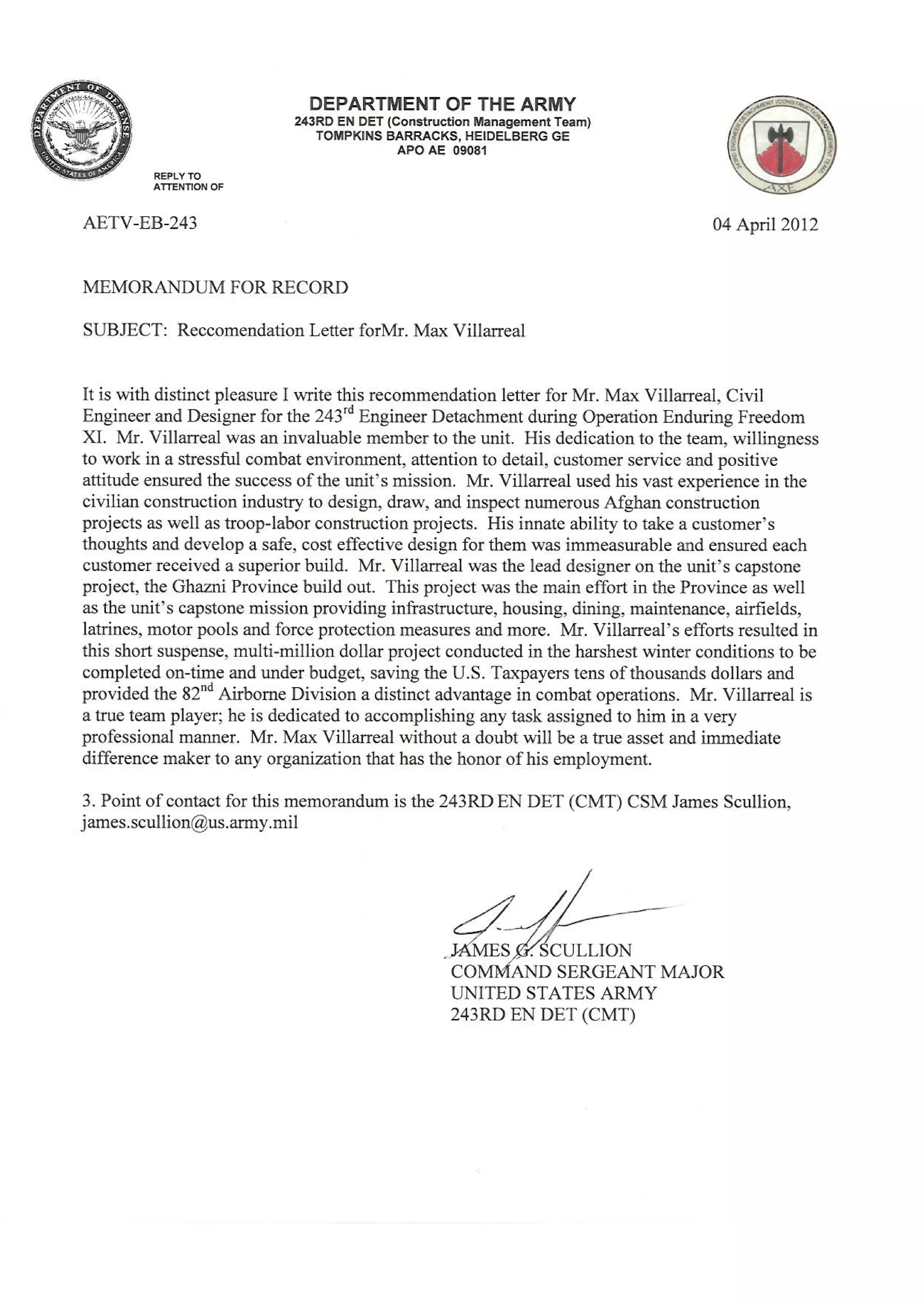 Max Afghanistan Reccomendation Letter | PDF