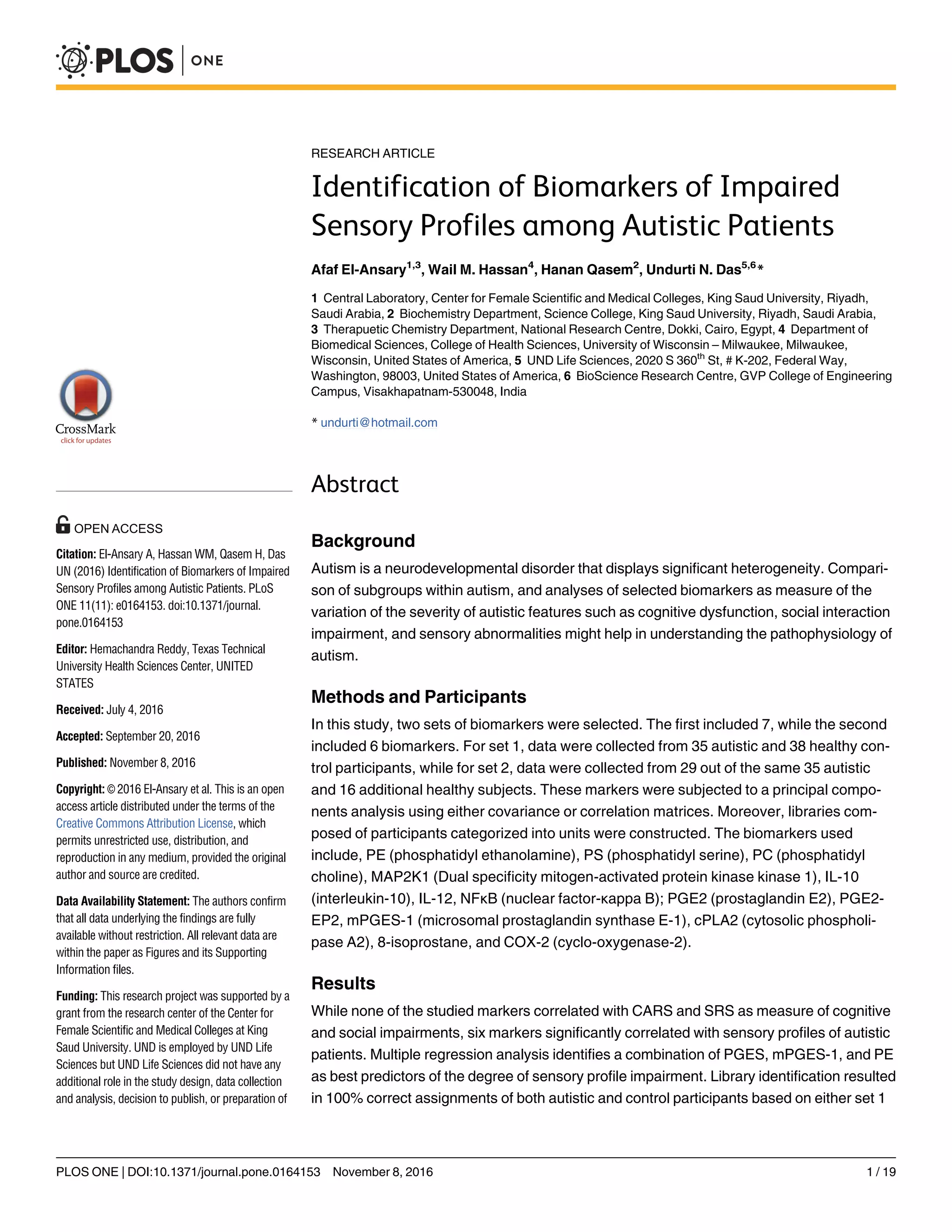 Identification of Biomarkers of Impaired sensory profile among autistic ...