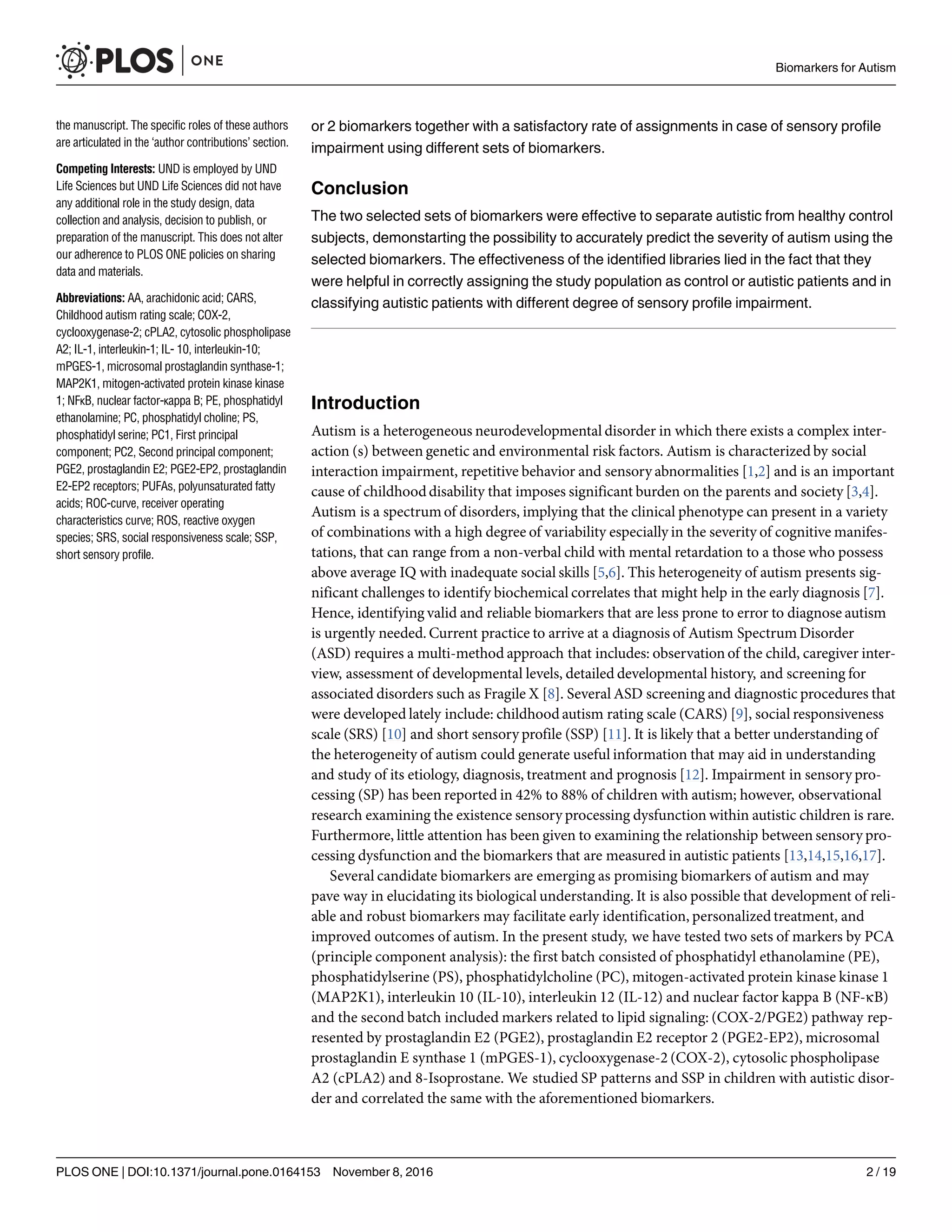Identification of Biomarkers of Impaired sensory profile among autistic ...