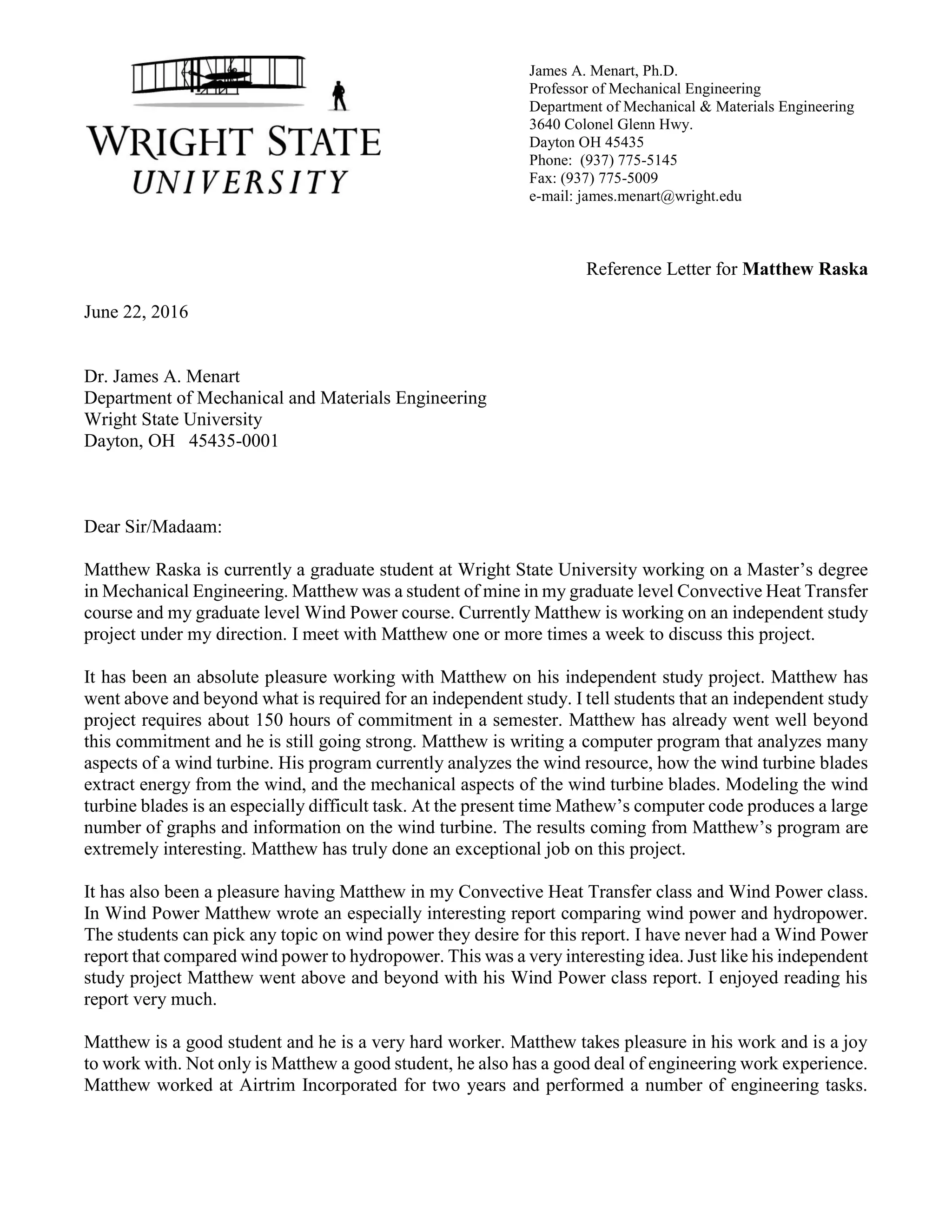 Reference Letter from Prof. Menart | PDF