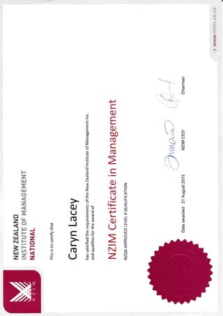 C Lacey NZIM Certificate in Management | PDF