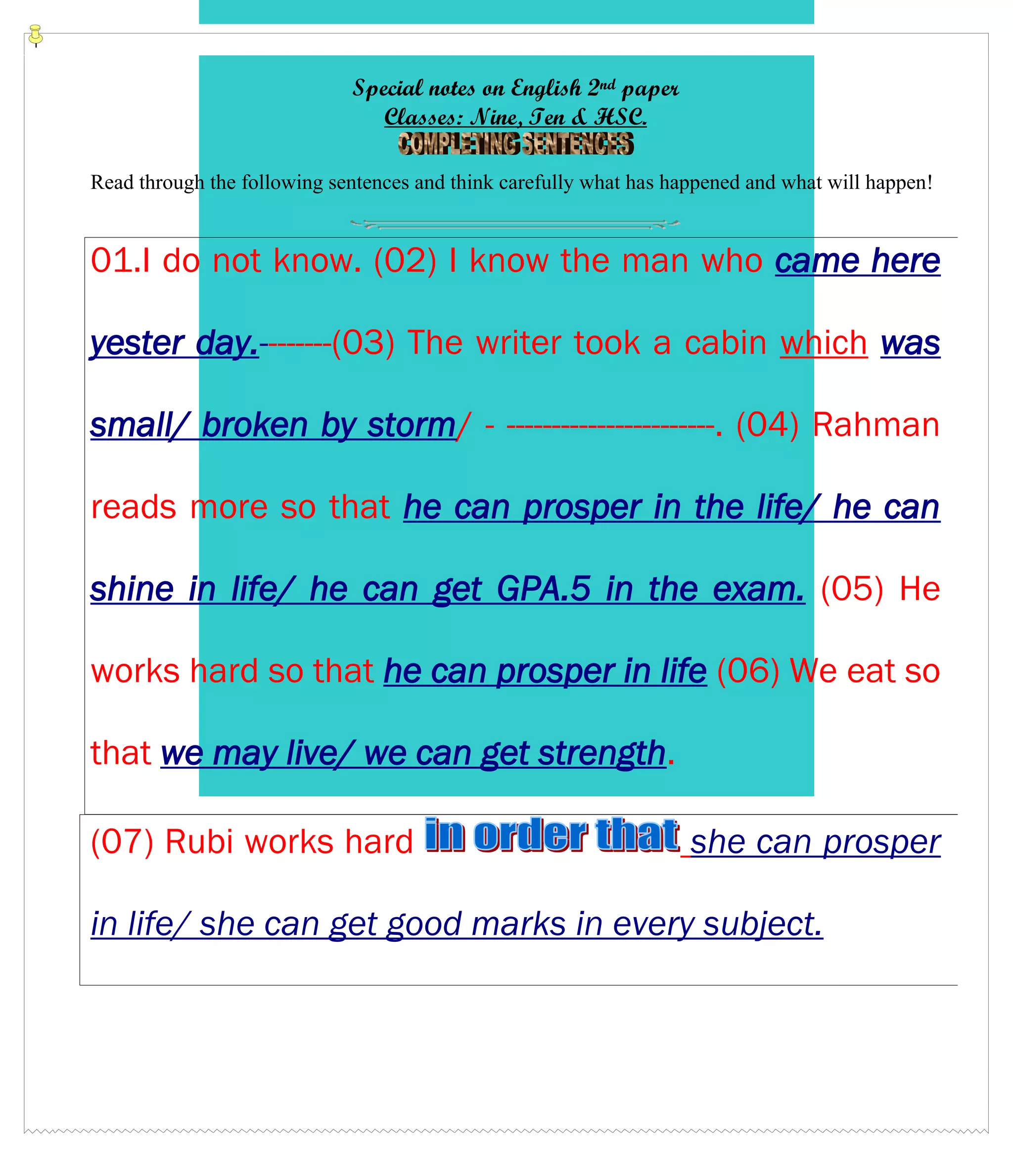 Exercise sheet on completing sentences | PDF