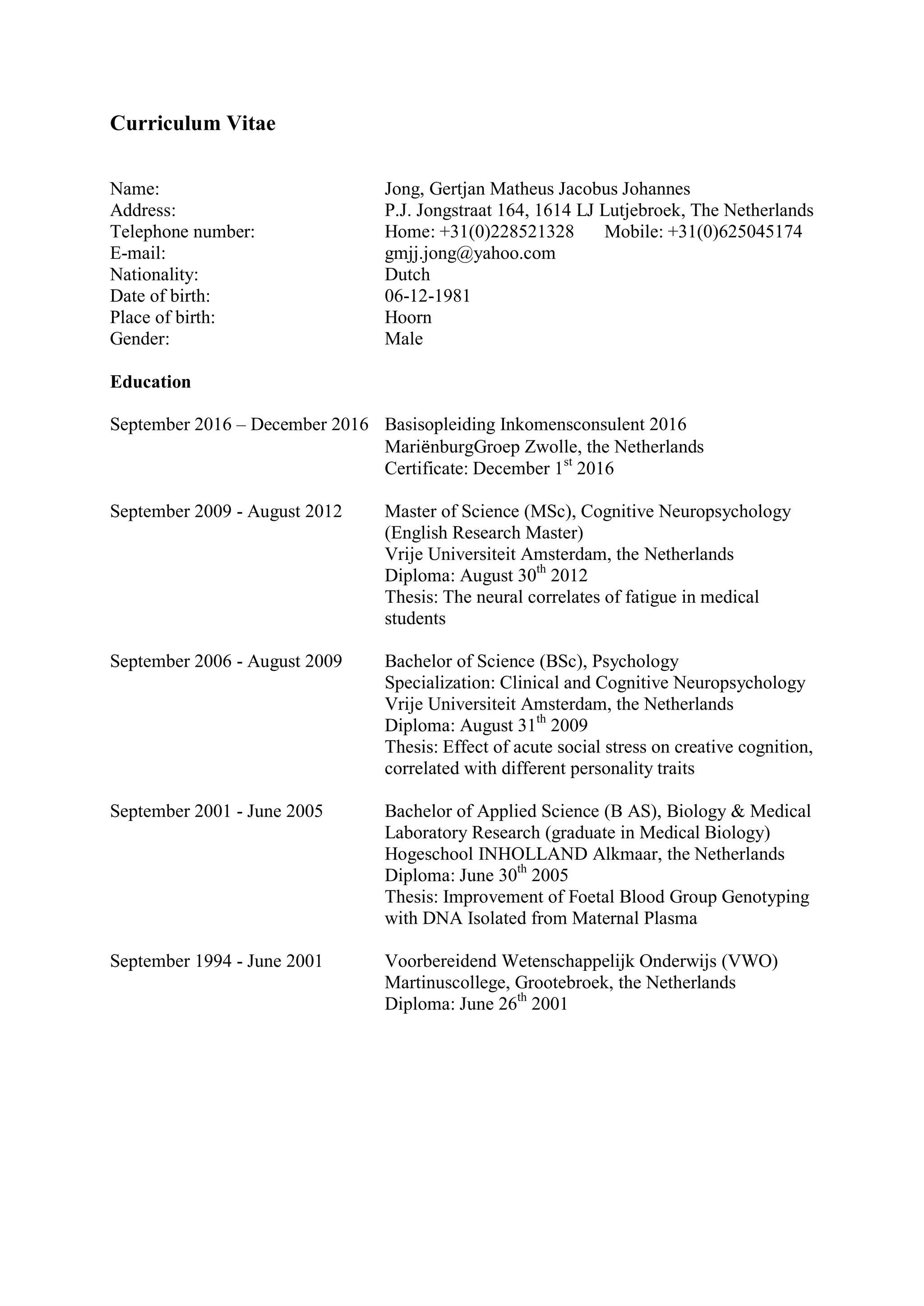 Curriculum Vitae (GMJJ Jong) | PDF