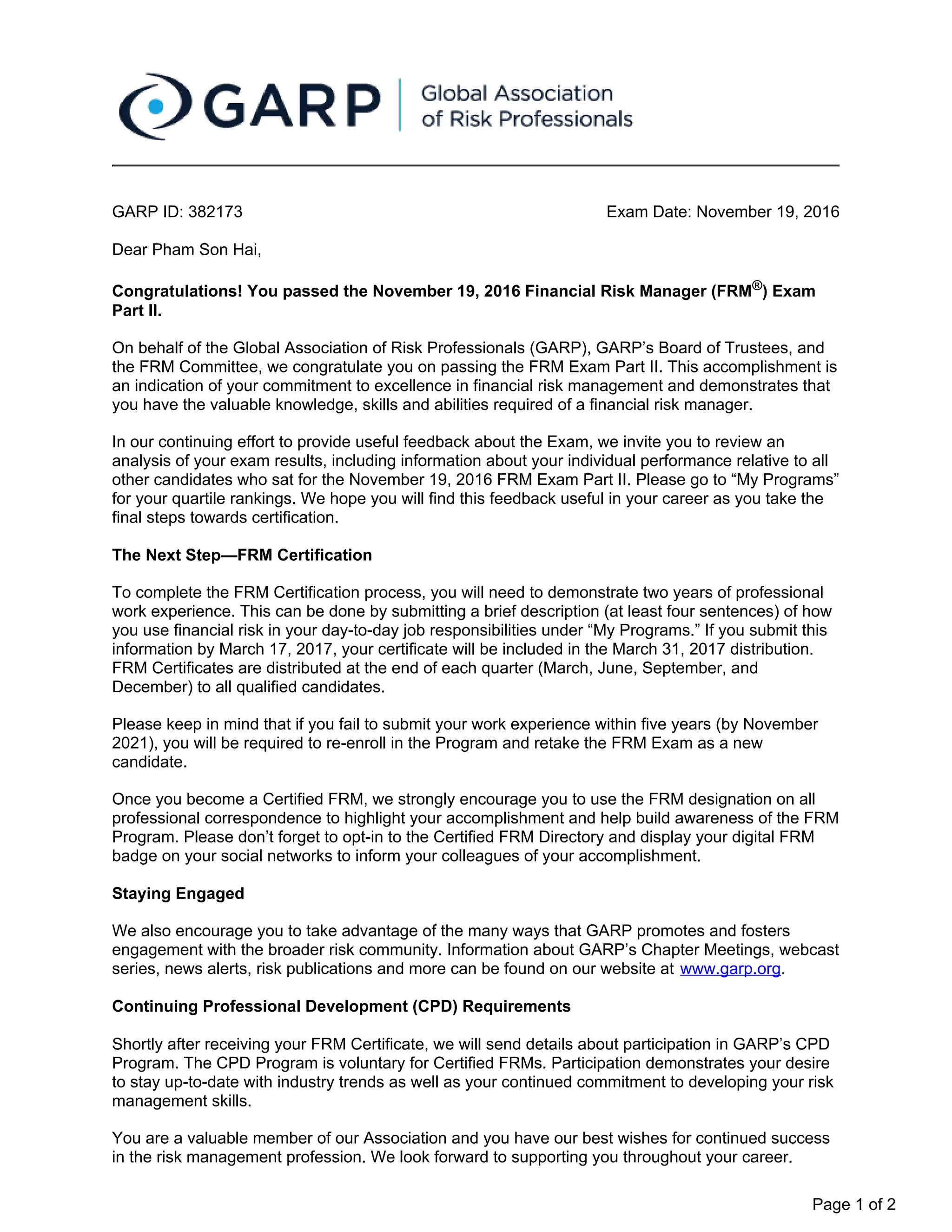 FRM Result Part II | PDF