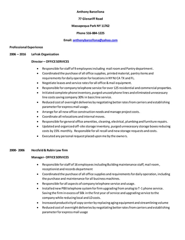 Anthony barcellona resume | DOCX | Phone Services | Home Utilities