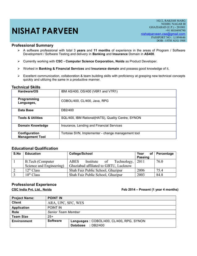 Resume_Nishat_Parveen | DOC | Computer Software and Applications | Computing