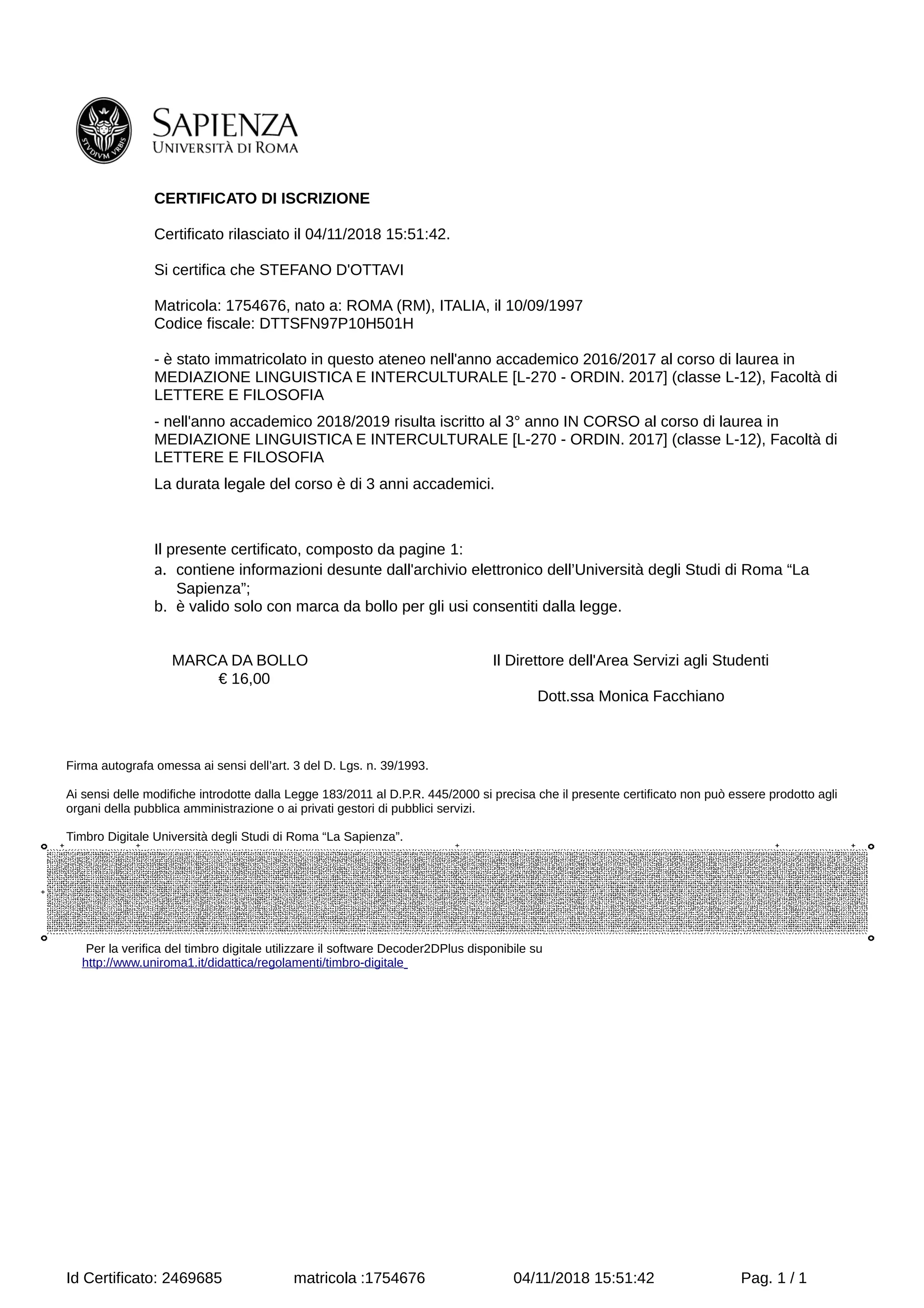 Certificato Iscrizione Sapienza 2018/19 | PDF