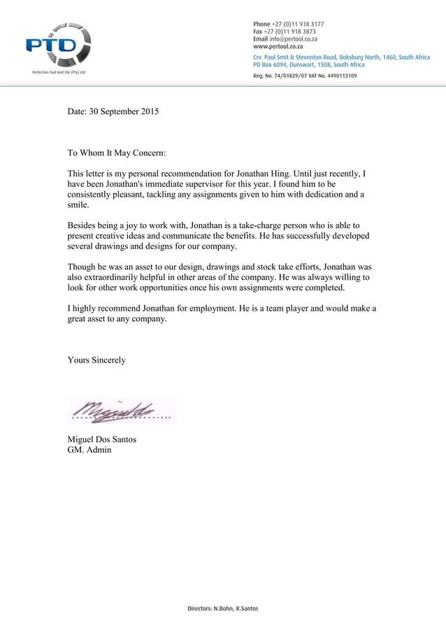 Letter of Recommendation, Dos Santos, M (PTD) | PDF