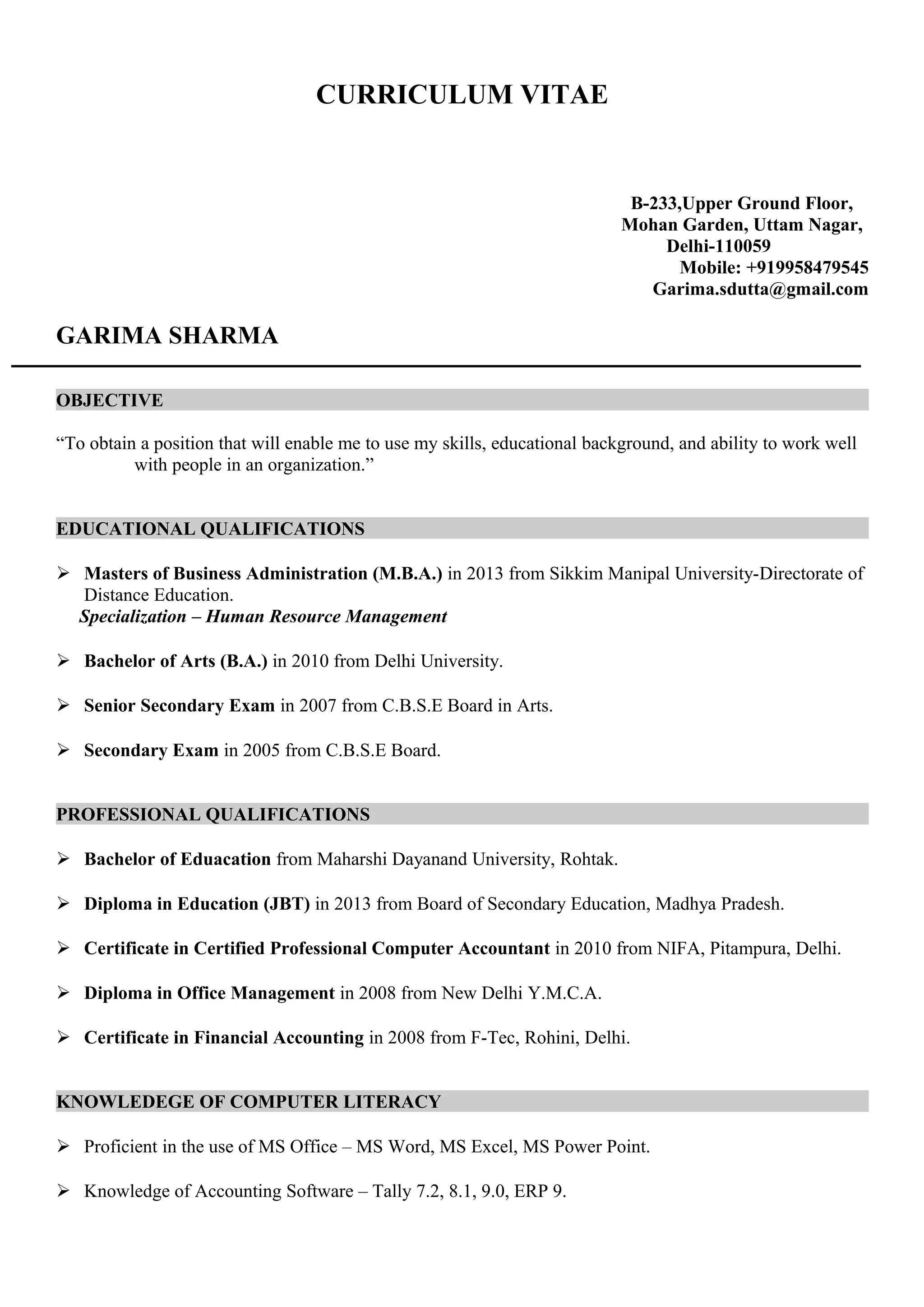 CV Resume for Garima Sharma | PDF