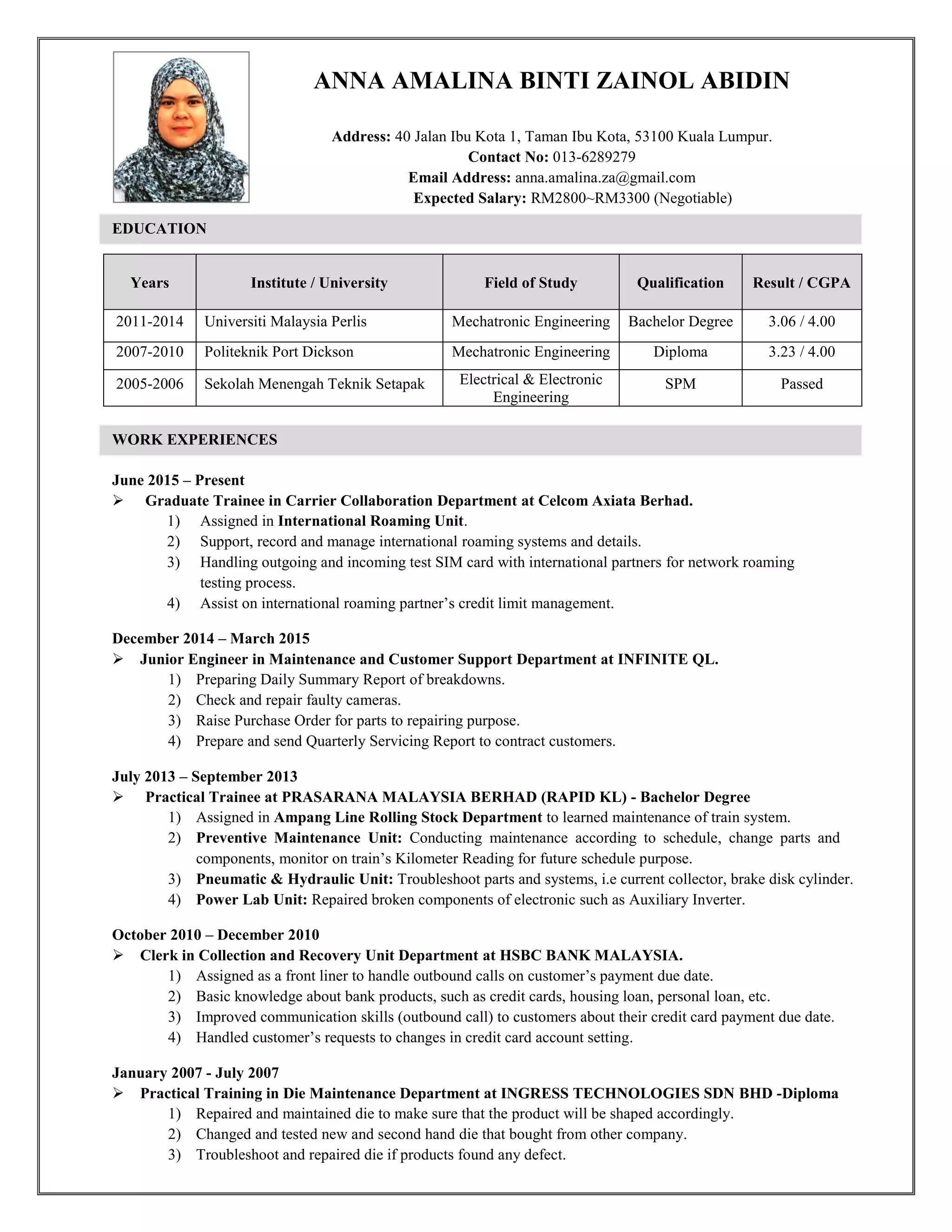 CV Anna Amalina 2016 | PDF | Civil Engineering Industry | Industries