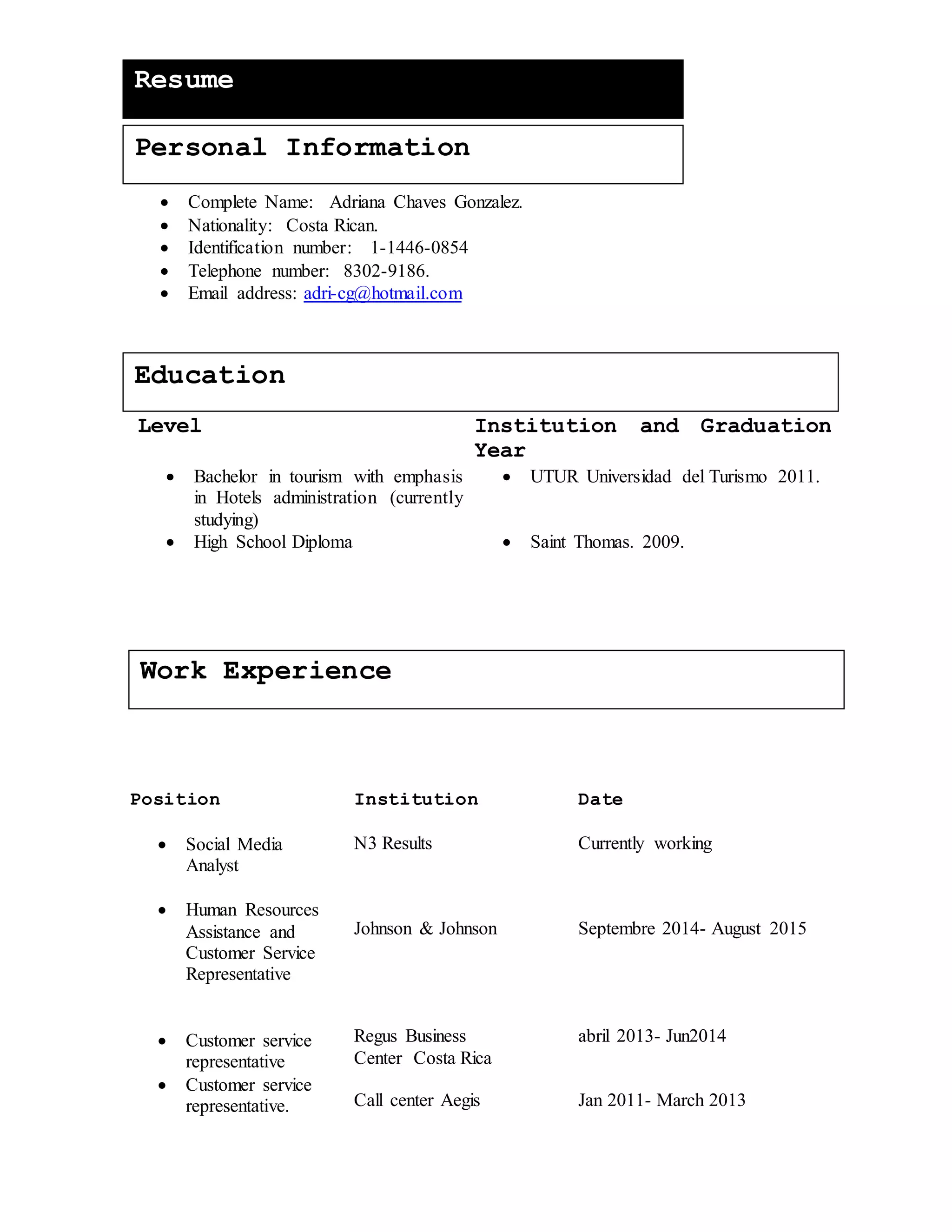 Resume. Adriana Chaves | DOCX | Business | Business and Finance