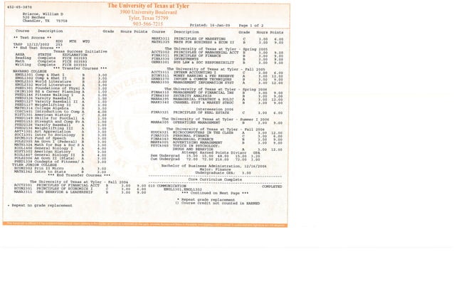 University of Texas at Tyler Transcript | PDF