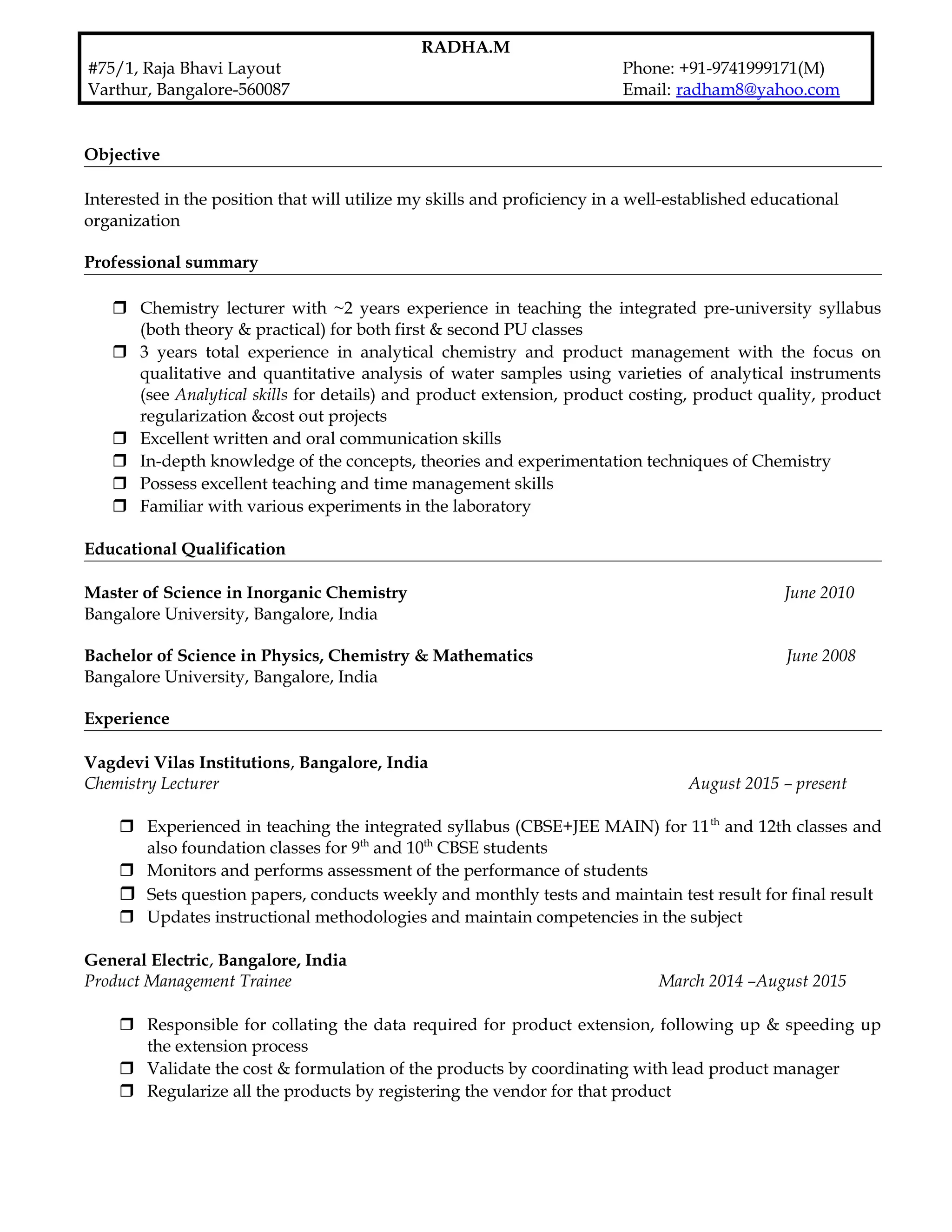Chemistry Faculty Resume | DOC