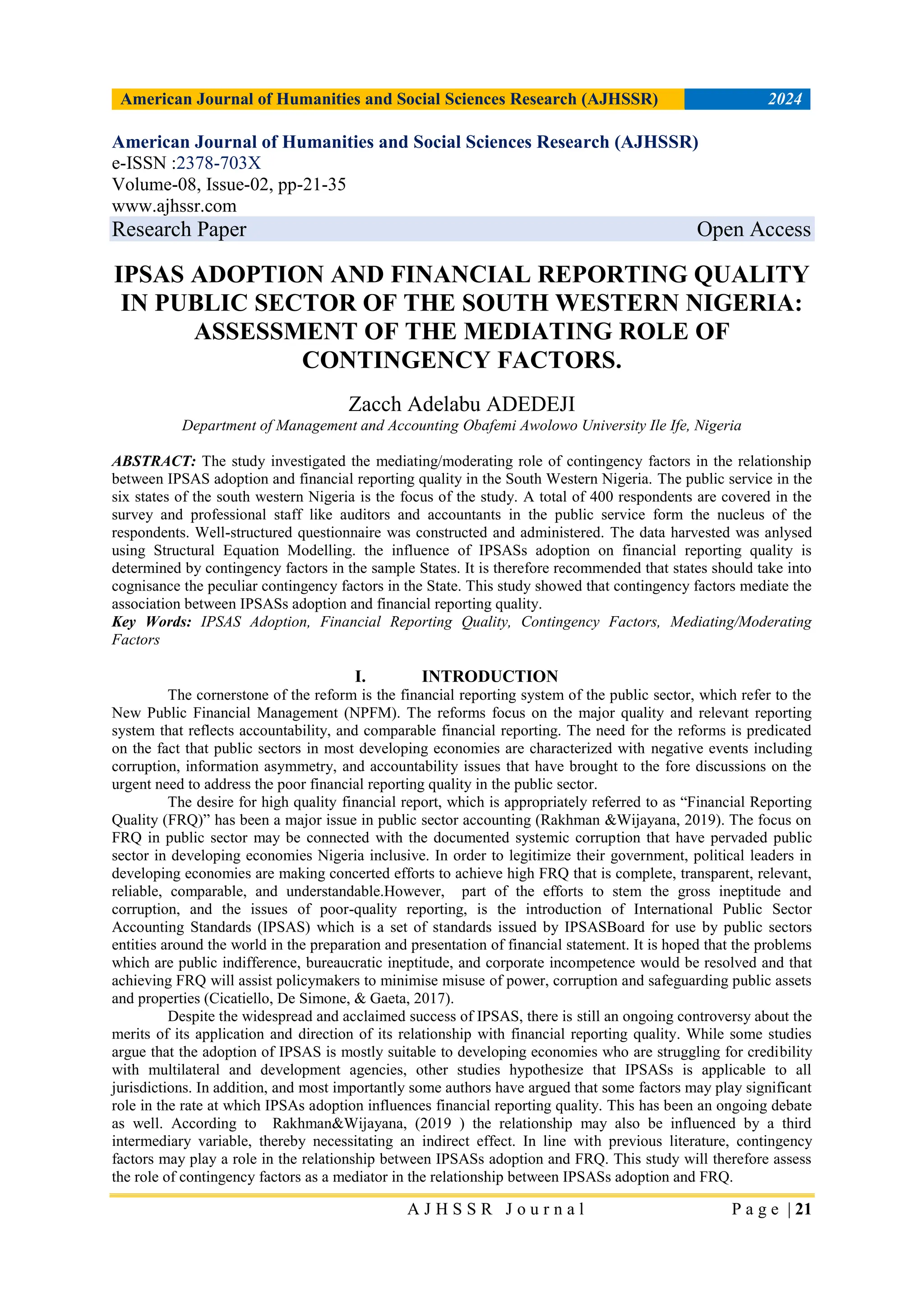 IPSAS ADOPTION AND FINANCIAL REPORTING QUALITY IN PUBLIC SECTOR OF THE ...
