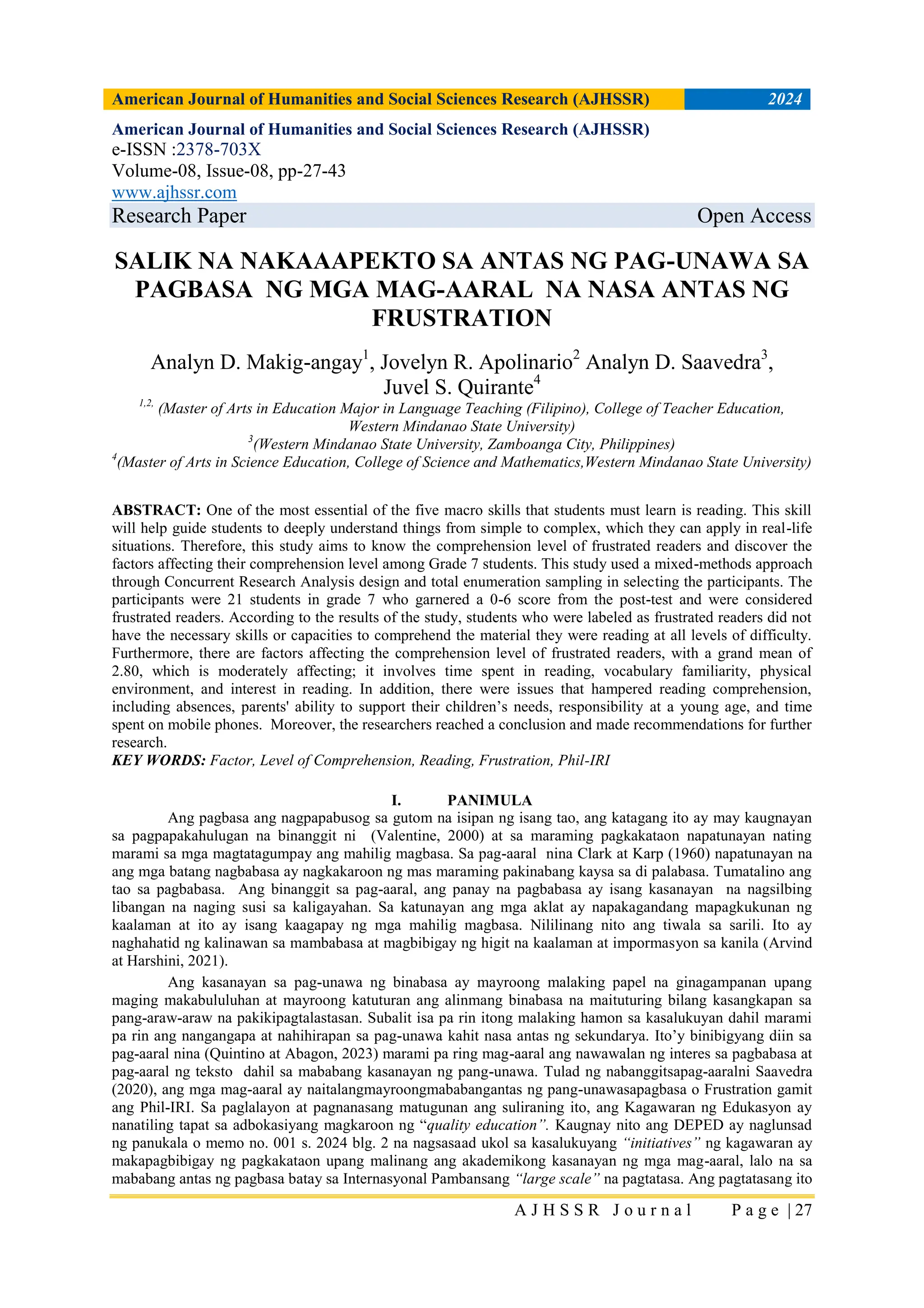 SALIK NA NAKAAAPEKTO SA ANTAS NG PAG-UNAWA SA PAGBASA NG MGA MAG-AARAL NA NASA ANTAS NG ...