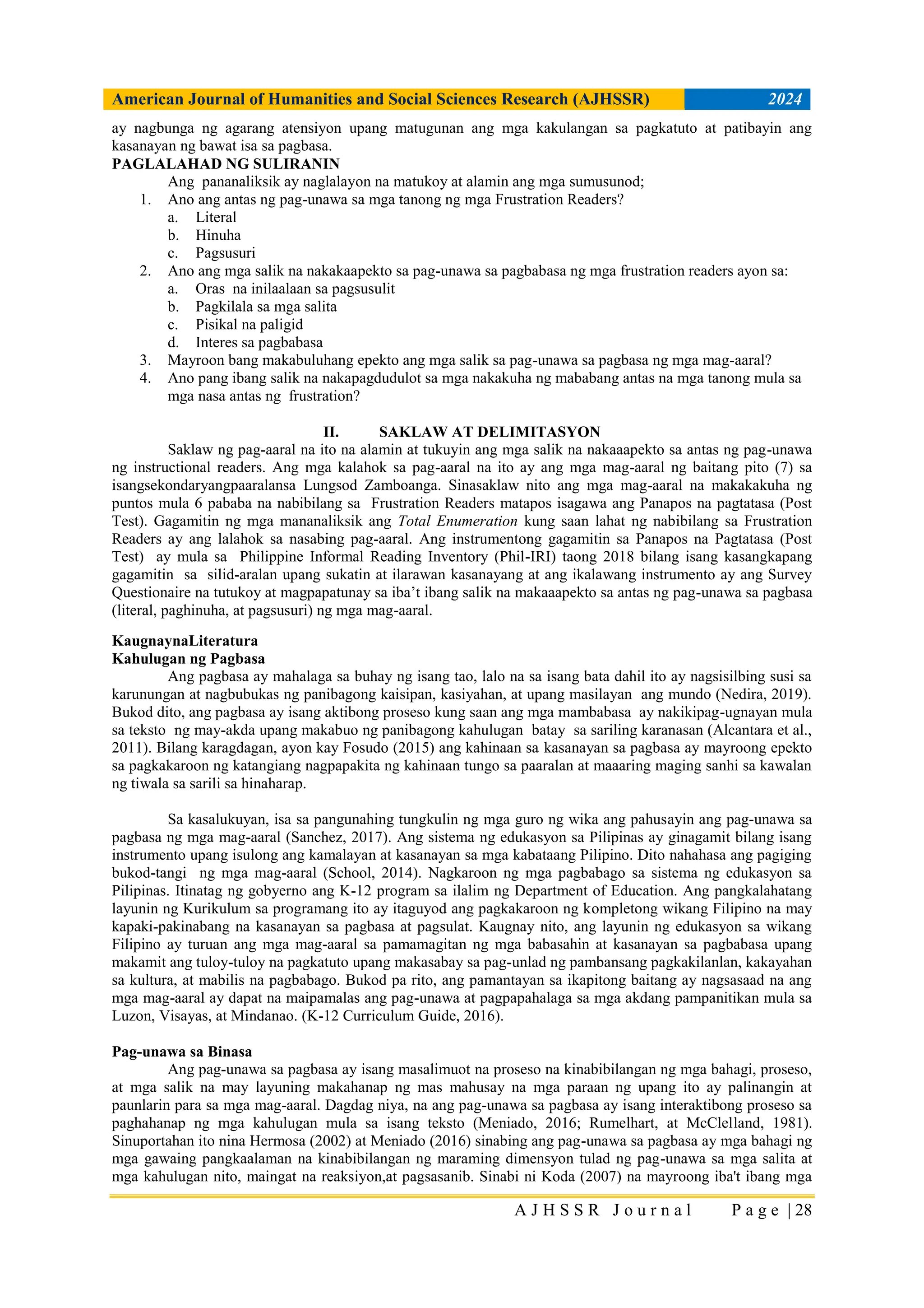 SALIK NA NAKAAAPEKTO SA ANTAS NG PAG-UNAWA SA PAGBASA NG MGA MAG-AARAL NA NASA ANTAS NG ...