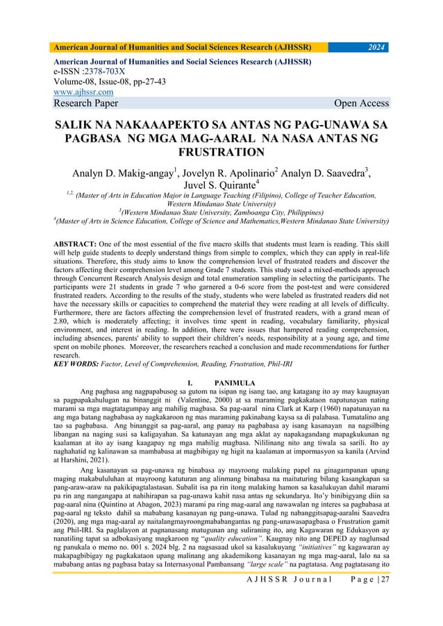 SALIK NA NAKAAAPEKTO SA ANTAS NG PAG-UNAWA SA PAGBASA NG MGA MAG-AARAL NA NASA ANTAS NG ...