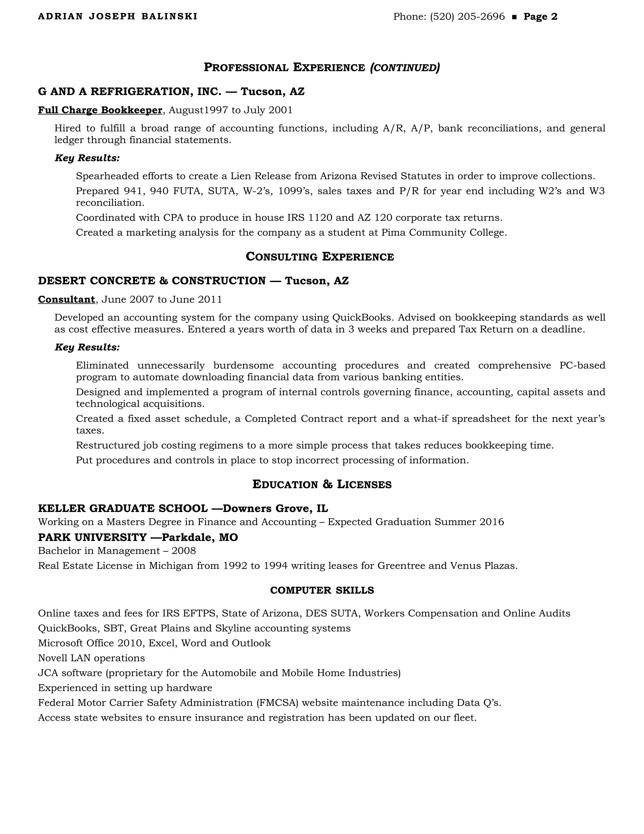 Balinski Adrian Resume Phoenix Long Form | DOC