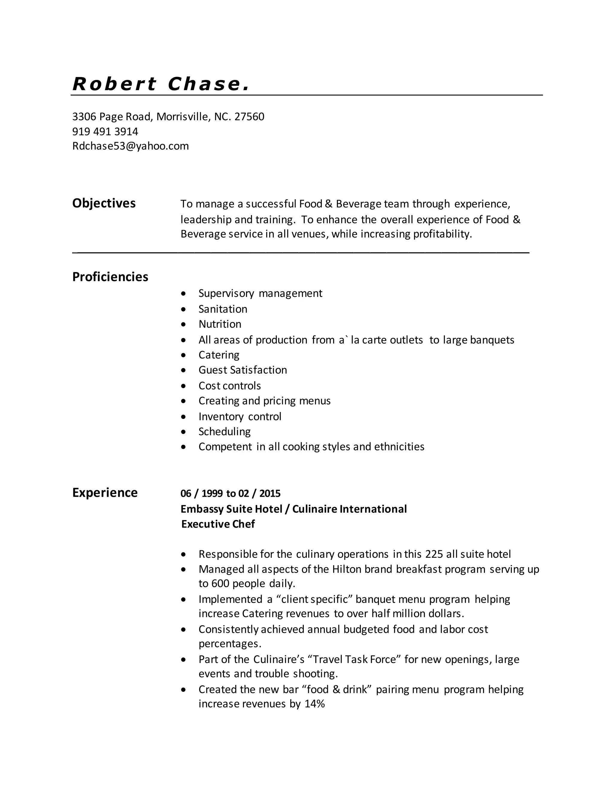 Chef Robert Chase Resume 4.3 | DOCX