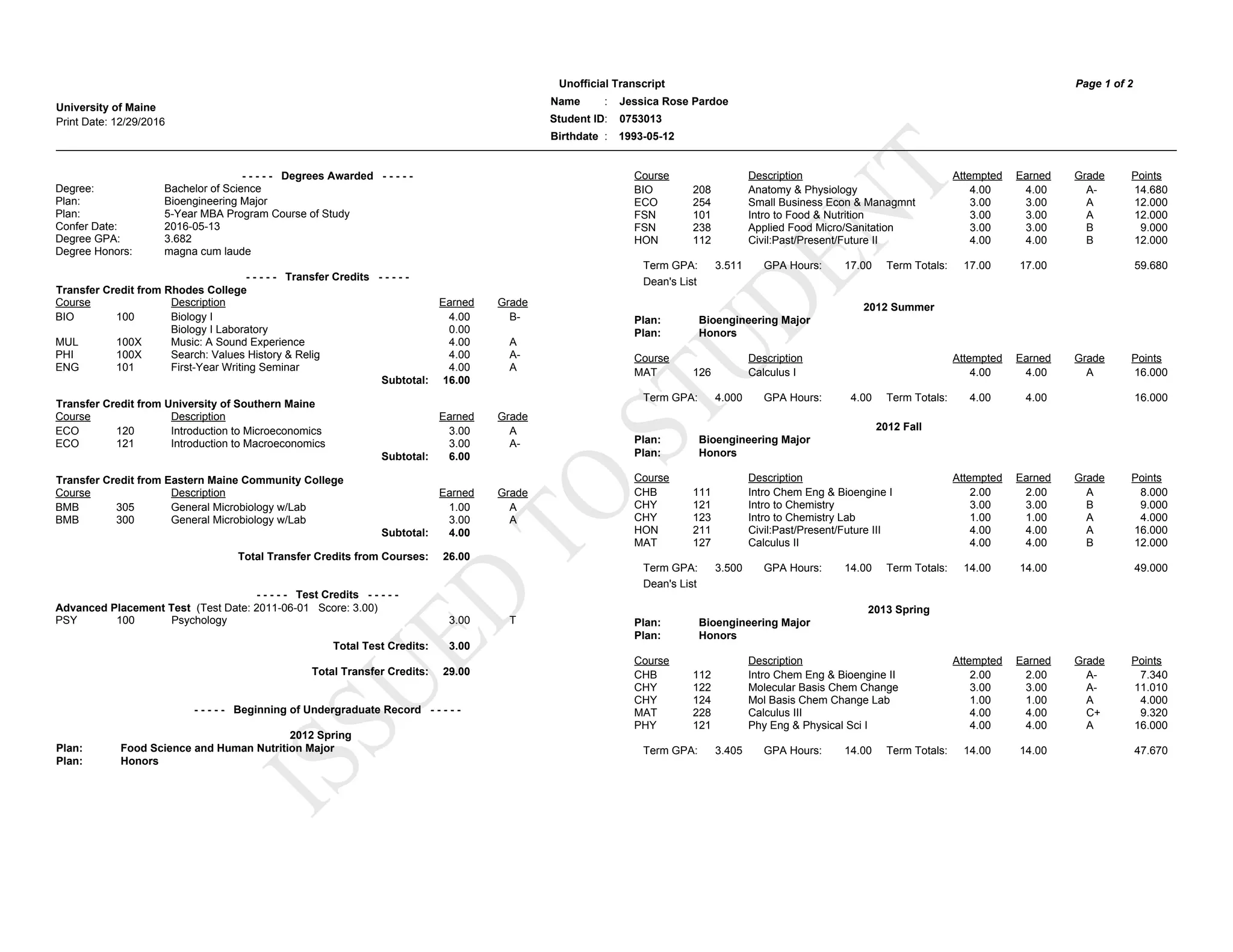 Jessica Pardoe Academic Transcript | PDF