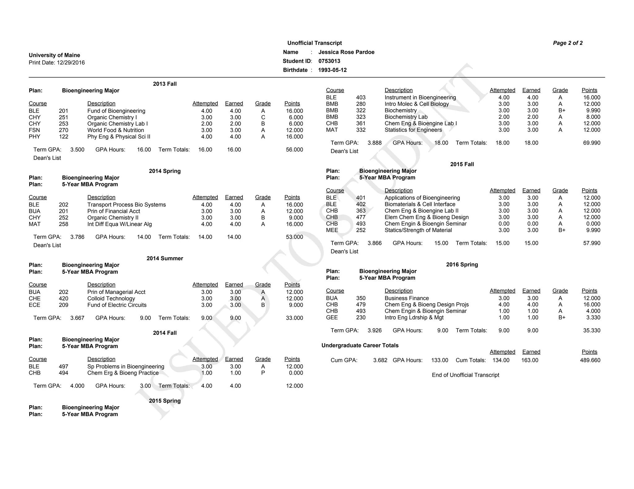 Jessica Pardoe Academic Transcript | PDF