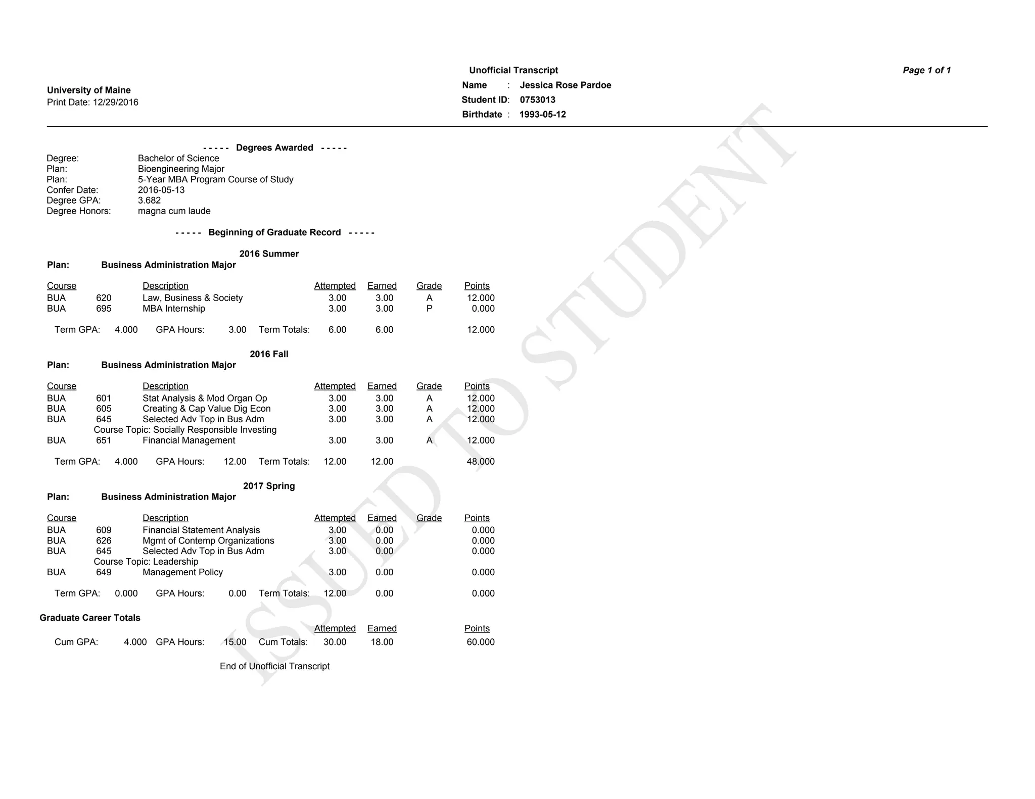 Jessica Pardoe Academic Transcript | PDF