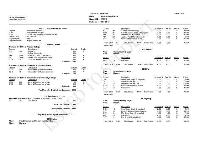Jessica Pardoe Academic Transcript