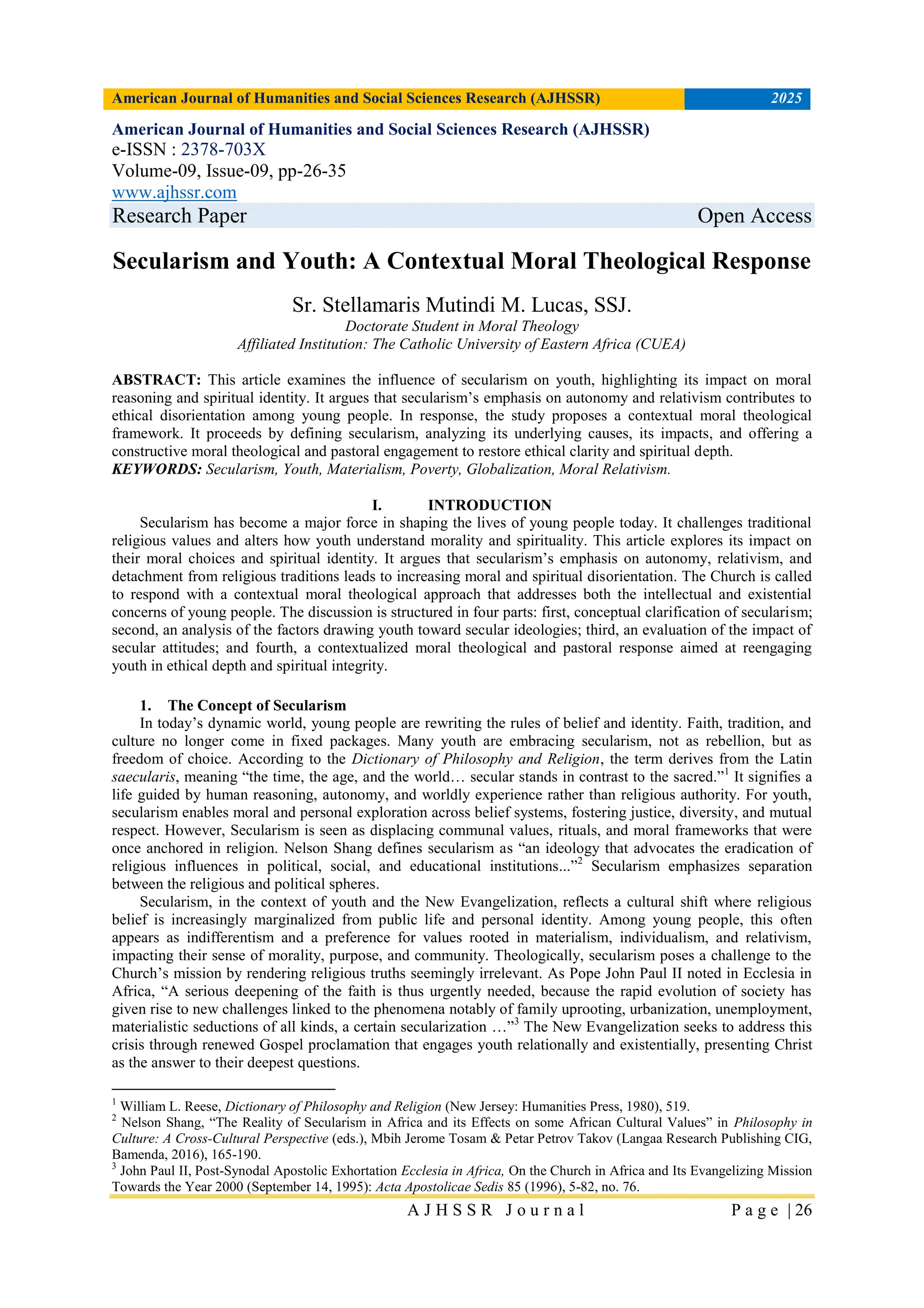 Secularism and Youth: A Contextual Moral Theological Response | PDF