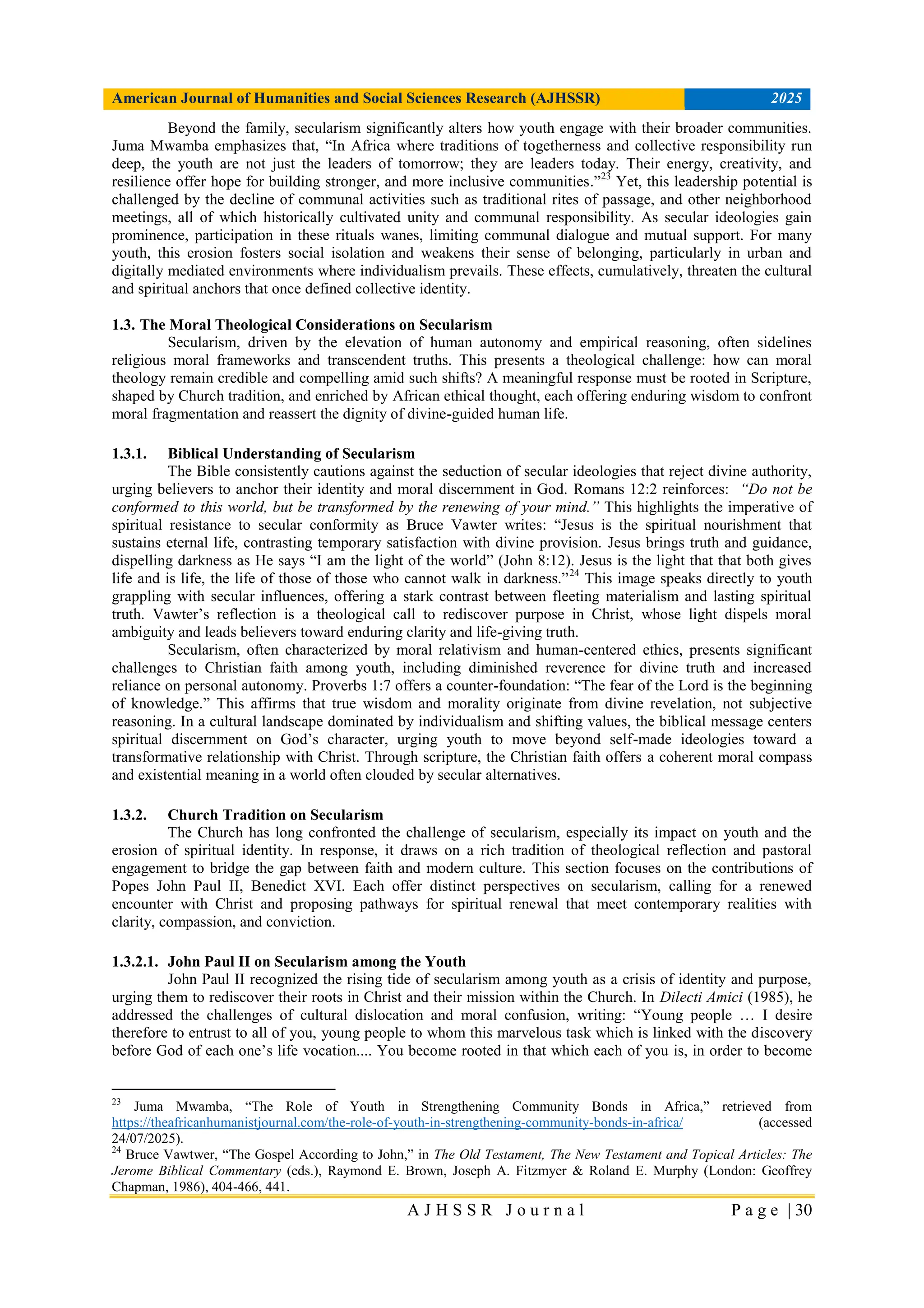 Secularism and Youth: A Contextual Moral Theological Response | PDF