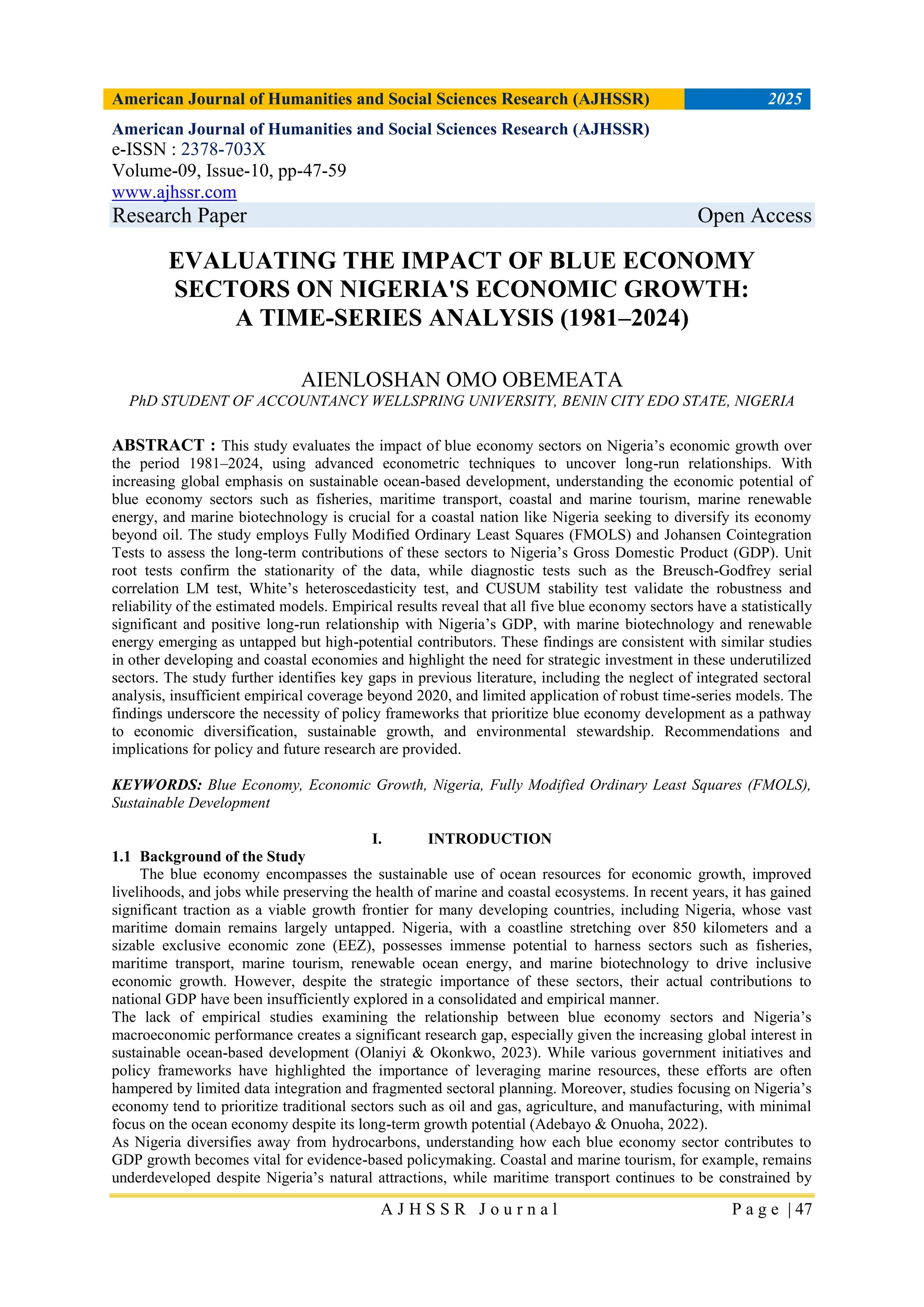 EVALUATING THE IMPACT OF BLUE ECONOMY SECTORS ON NIGERIA'S ECONOMIC ...