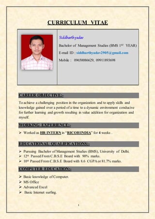 SIDDHARTH'S RESUME | DOCX | Resume Writing and Advice | Job Search