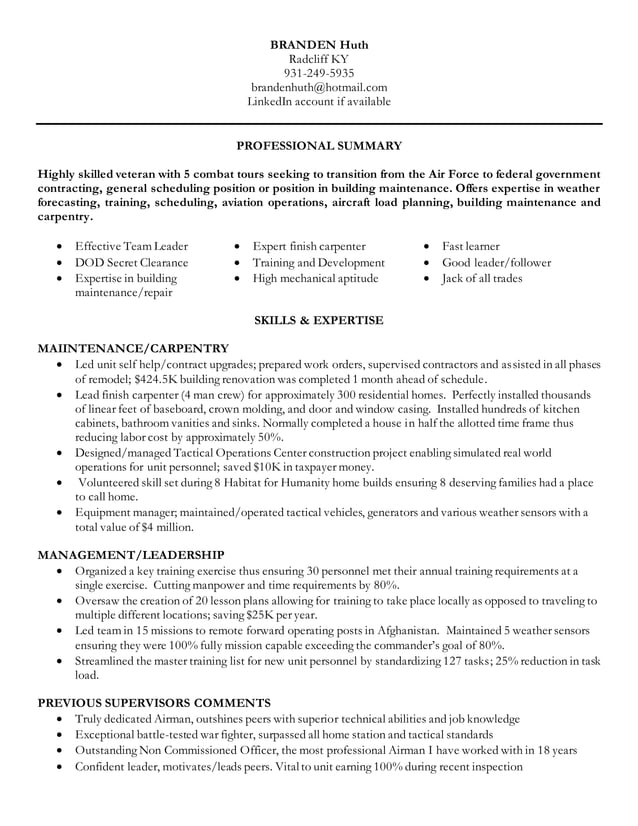 Branden Huth Comprehensive Resume | DOCX | Defense Industry | Industries