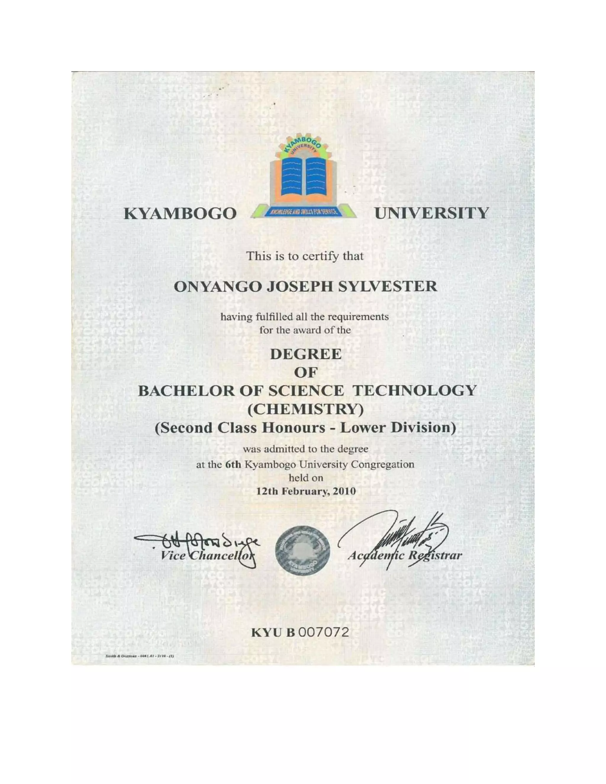 BSc Tech Chemistry Certificate | PDF