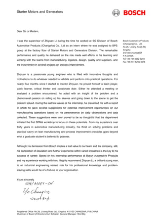 Recommendation Letter From Bosch China (Eng)1 | PDF | Mechanical and Industrial Engineering ...