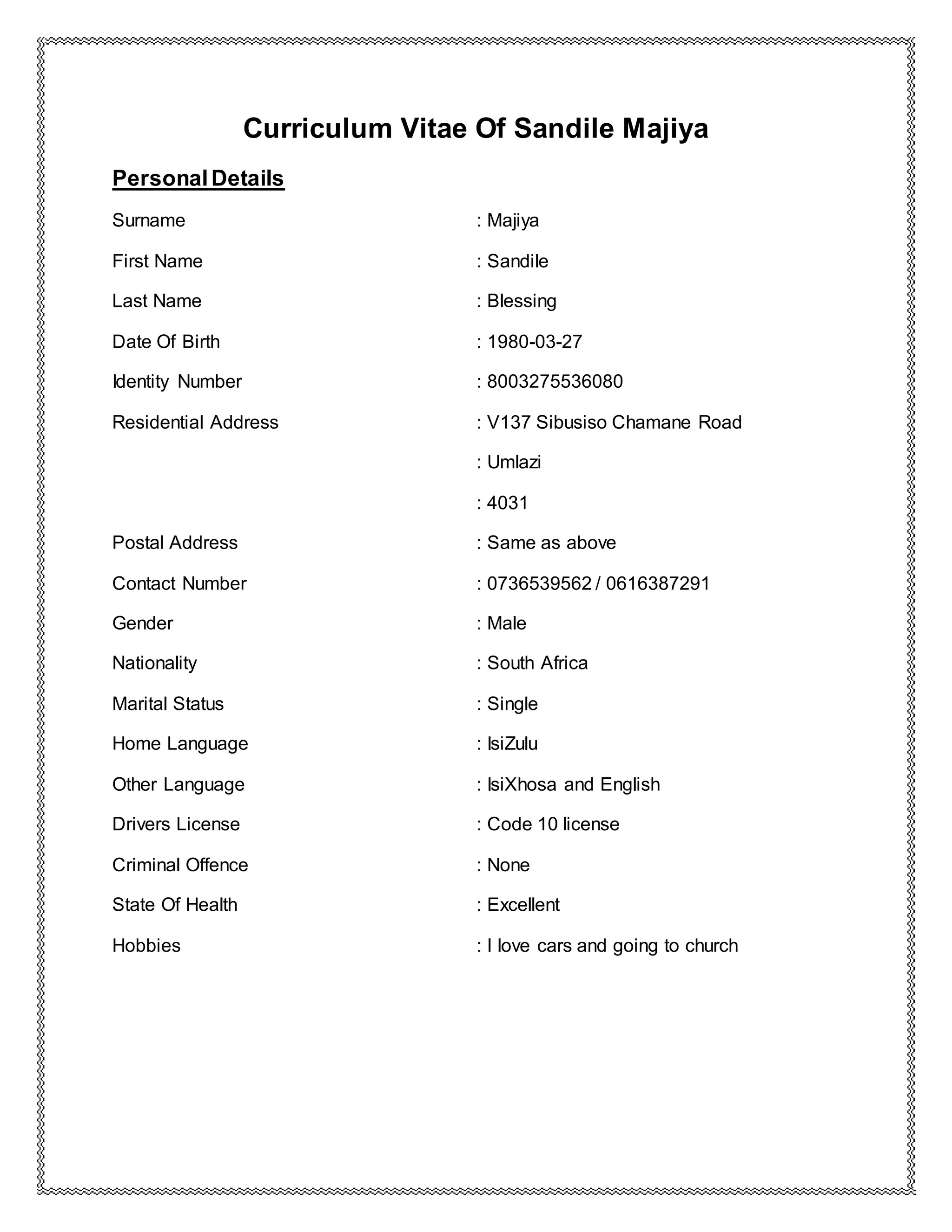 Curriculum Vitae Of Sandile or Pastorico 2 the good one | DOCX