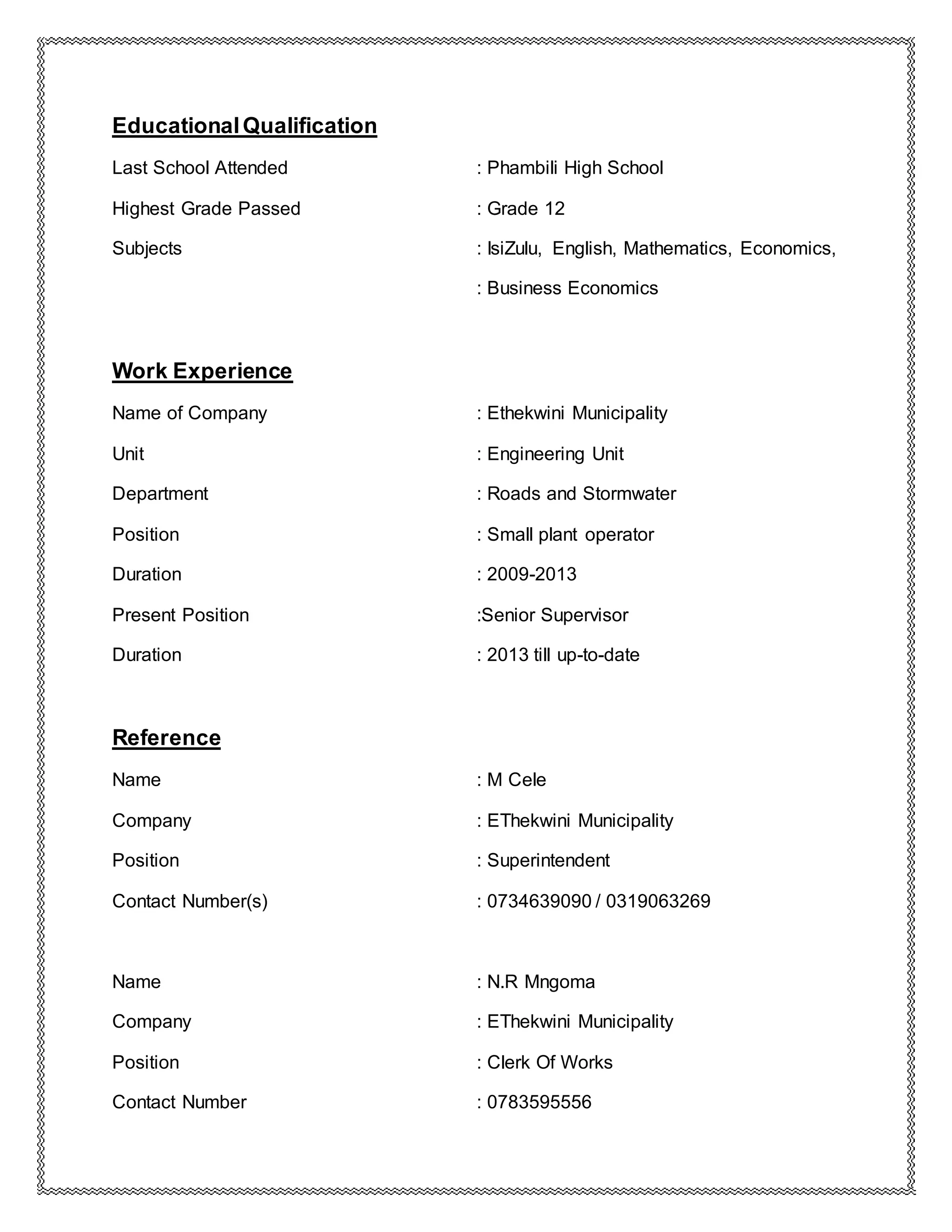 Curriculum Vitae Of Sandile or Pastorico 2 the good one | DOCX
