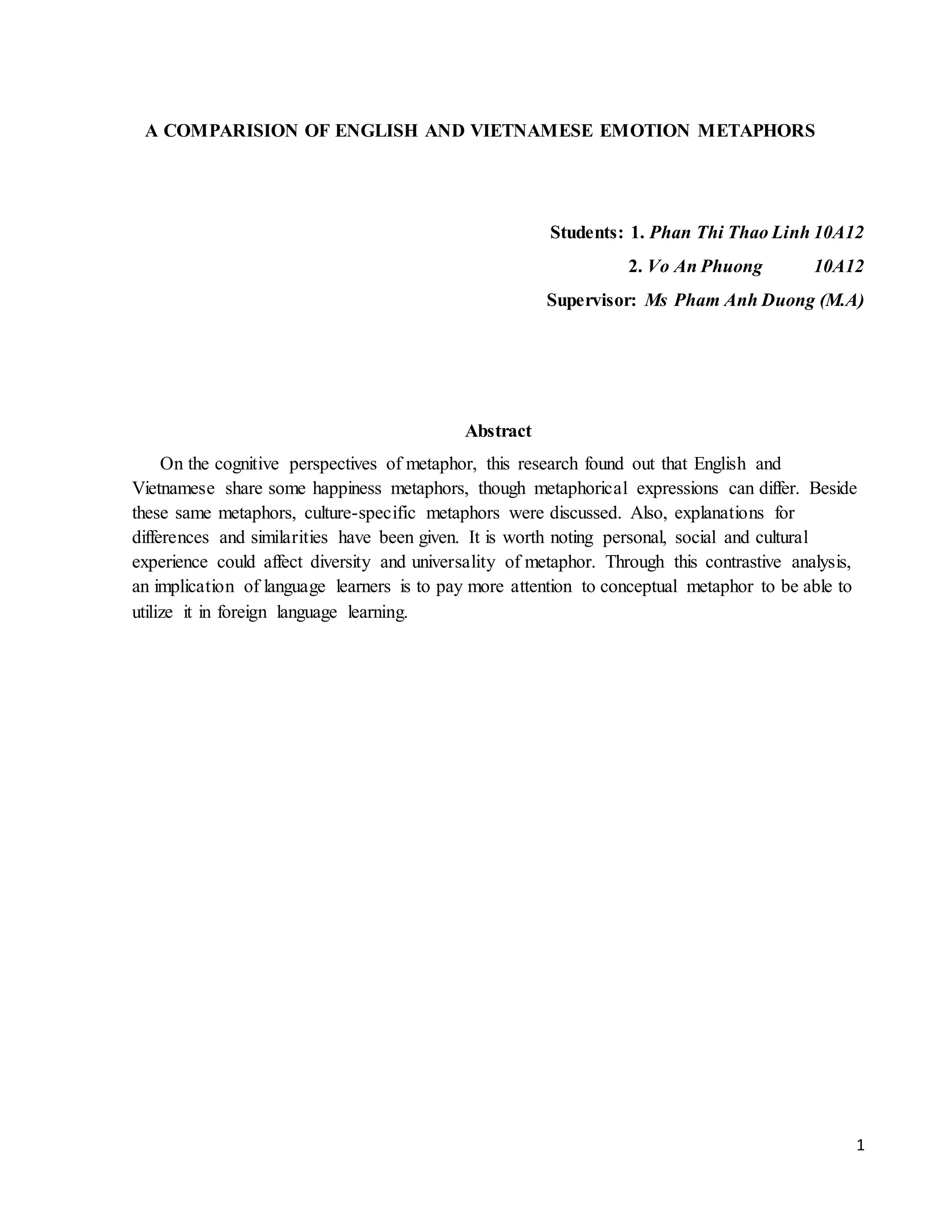 A Comparision of Emotion Metaphors | DOCX