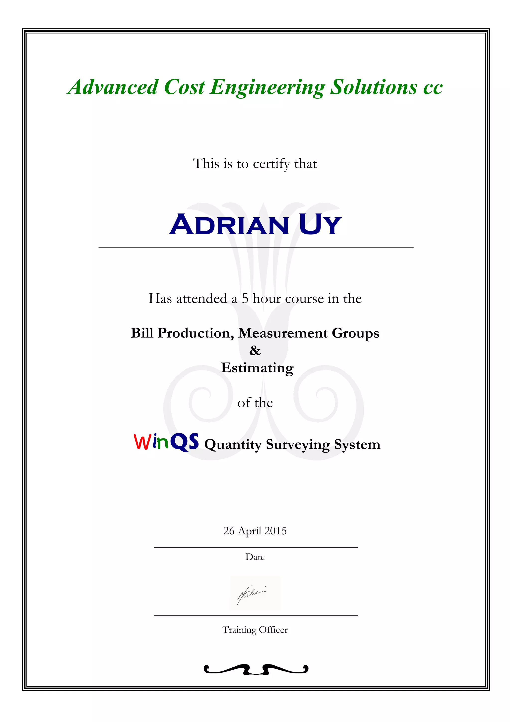 Adrian Uy-WinQS Certificate | PDF