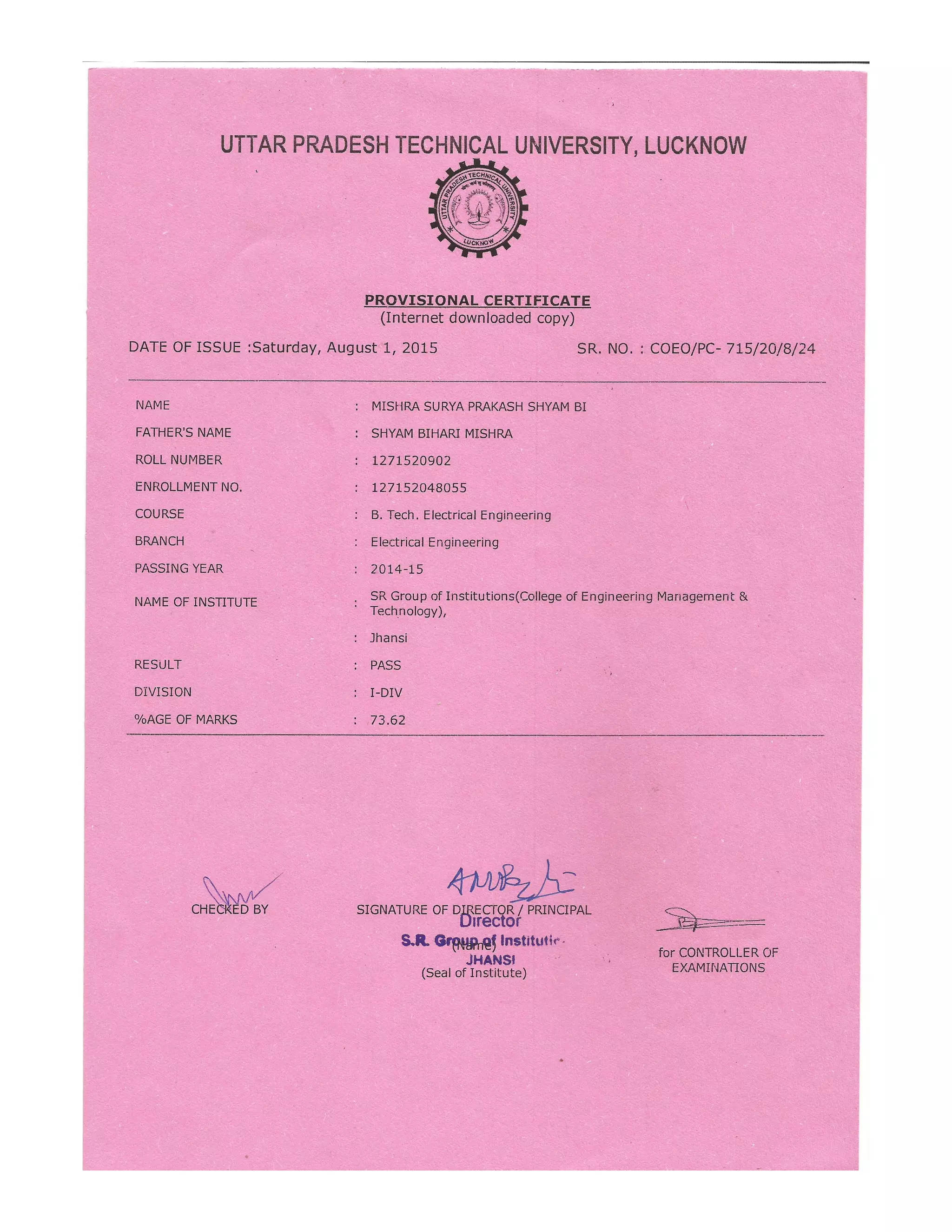 B.TECH PASSING PROVISNL CERTI | PDF