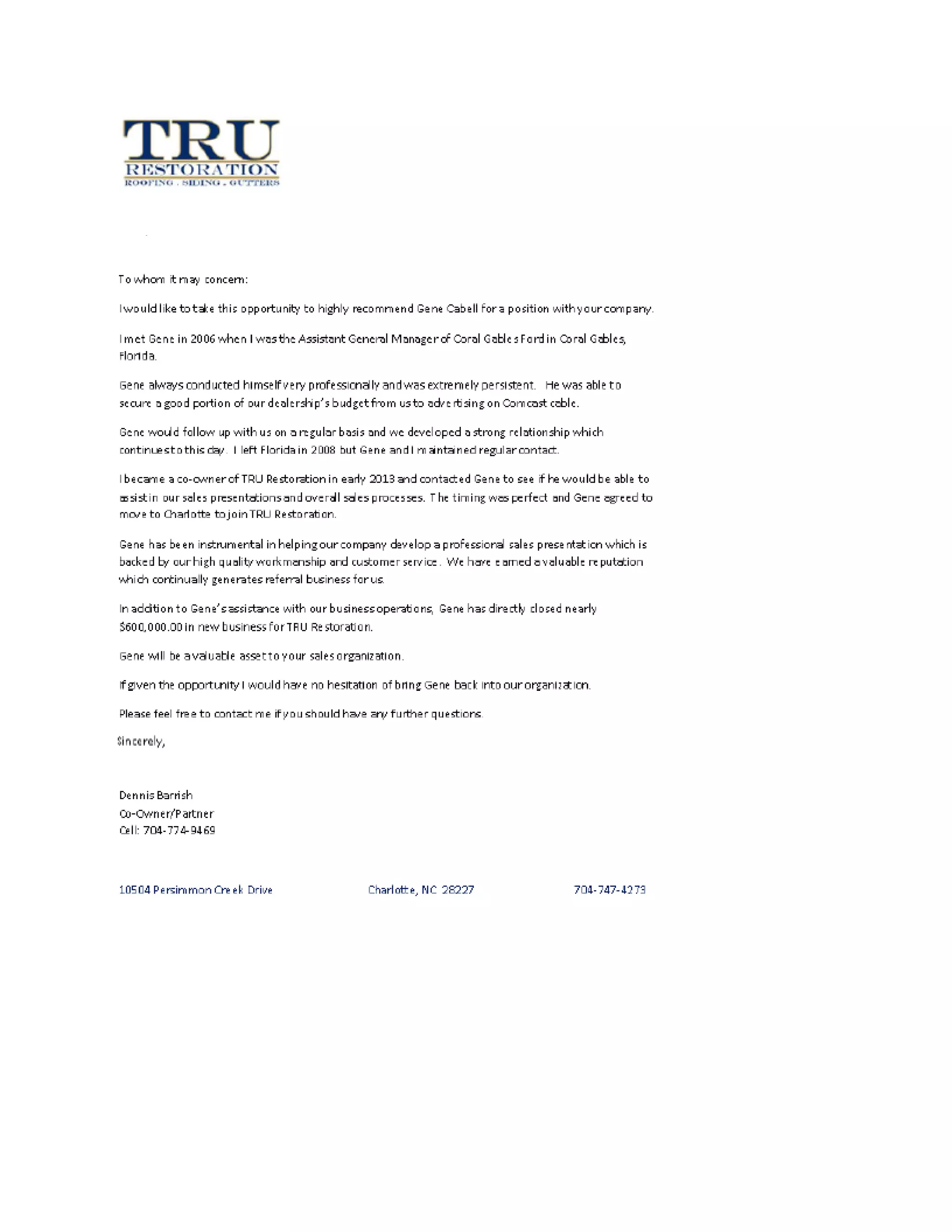 Dennis Barris Recommendation letter for Gene Cabell | PDF