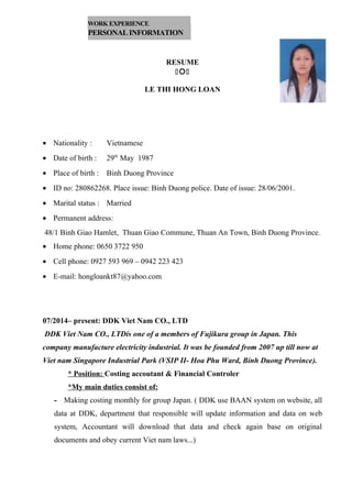 CV - Le Thi Hong Loan ( Original) | DOC | Business Accounting & Finance | Business