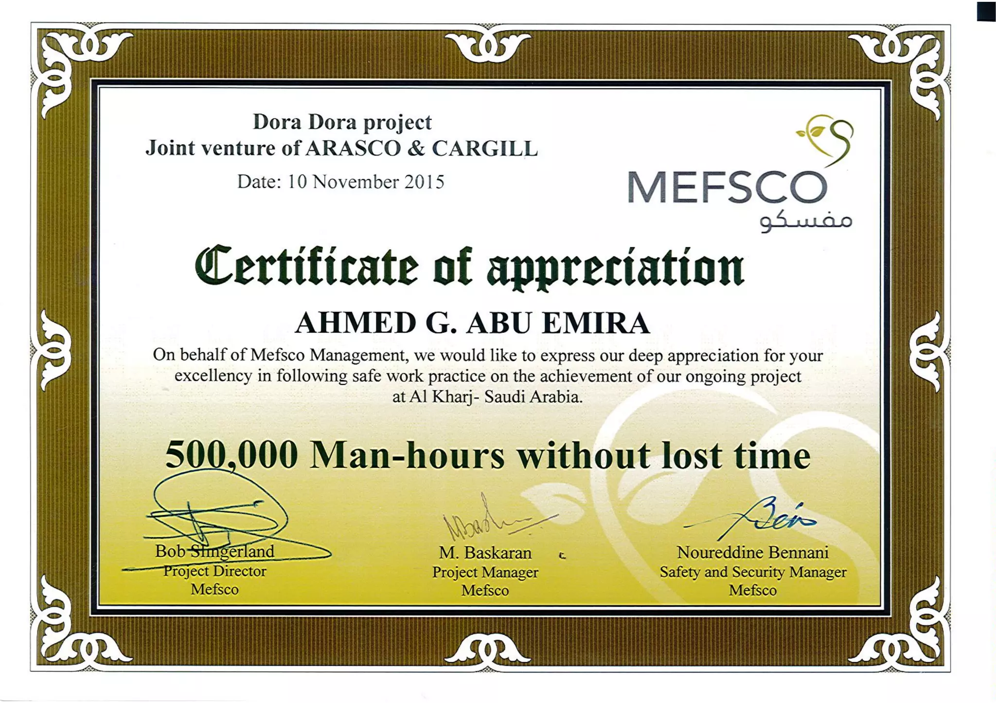 Certificate of Appreciation from MEFSCO | PPT