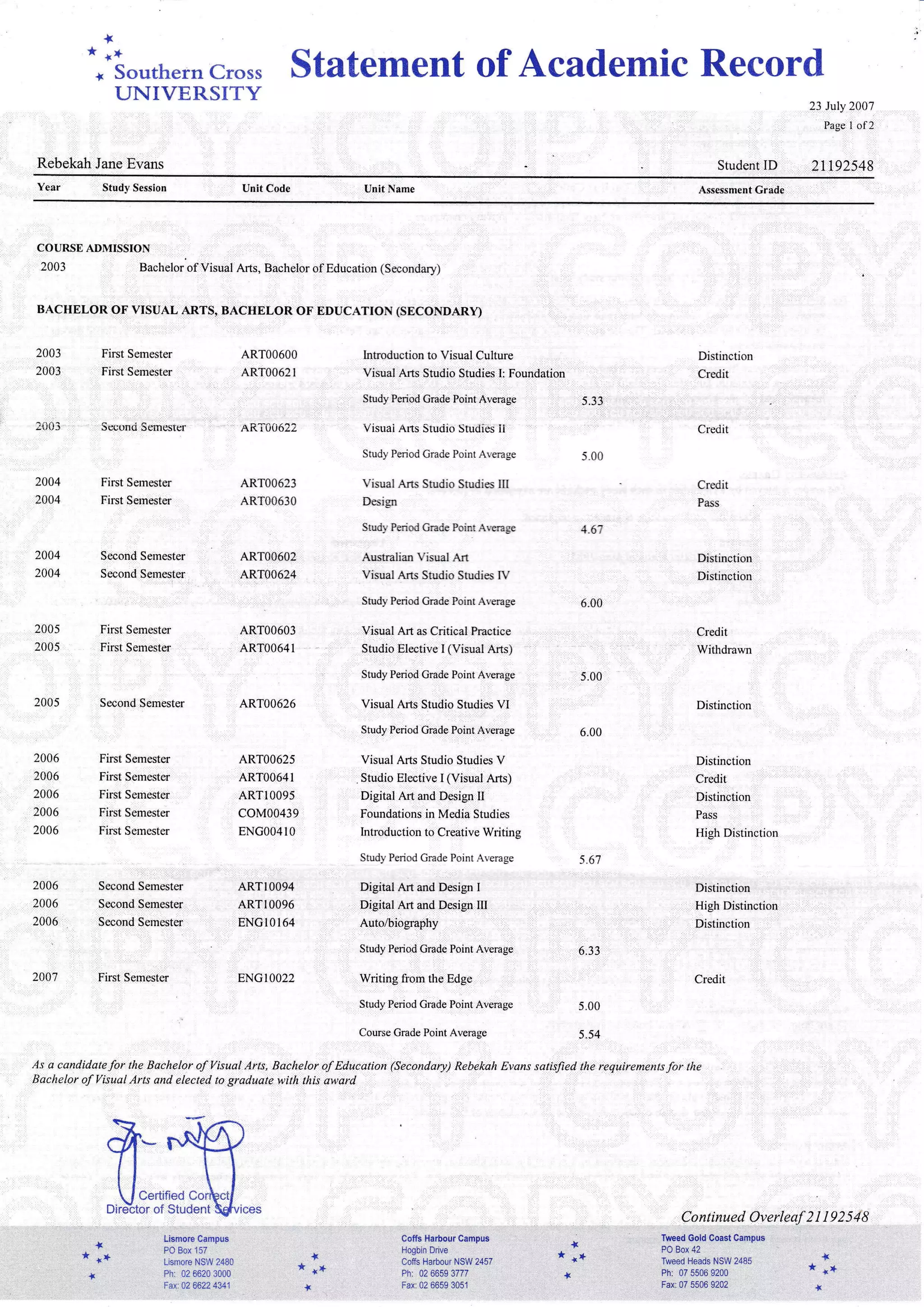 Bach Vis Arts Transcript | PDF