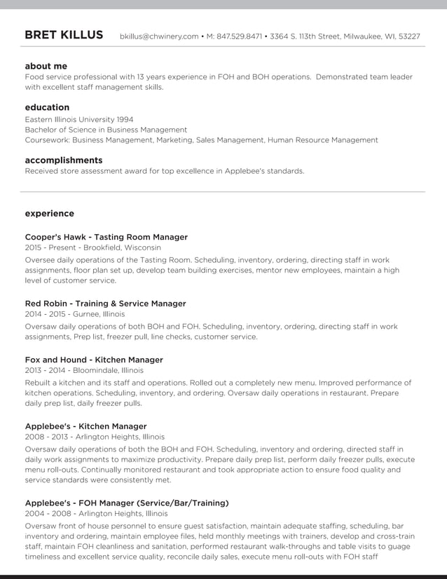 BretKillus_Resume | PDF | Bars & Restaurants | Attractions